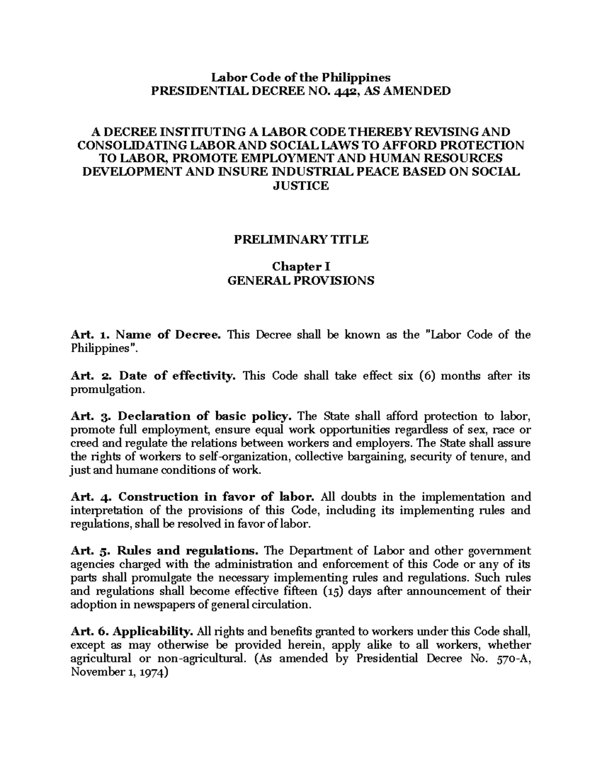 PD 442 Labor Code of the Philippines - Labor Code of the Philippines ...