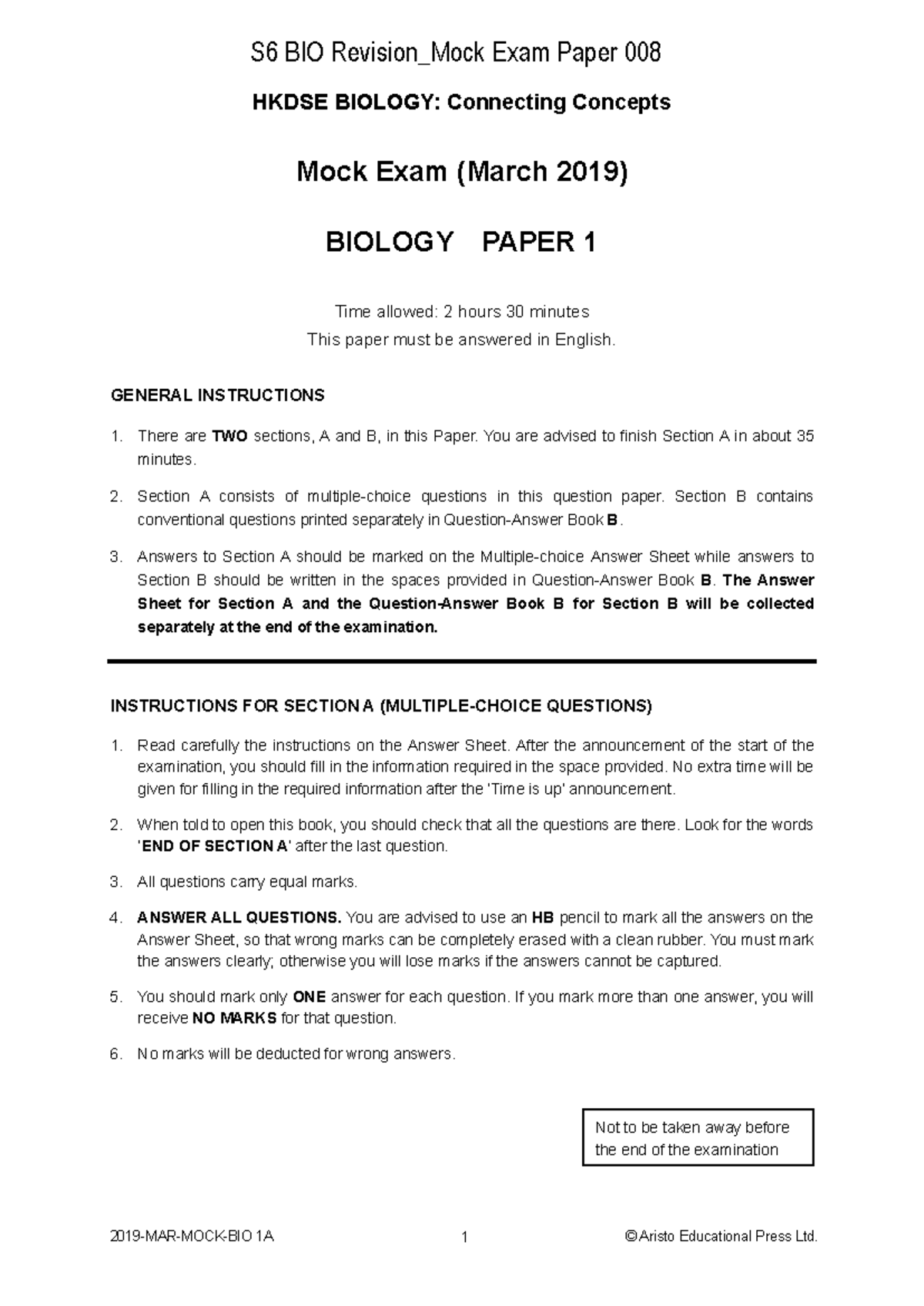 S6 BIO Mock 008 2023 02 27 - HKDSE BIOLOGY: Connecting Concepts Mock ...