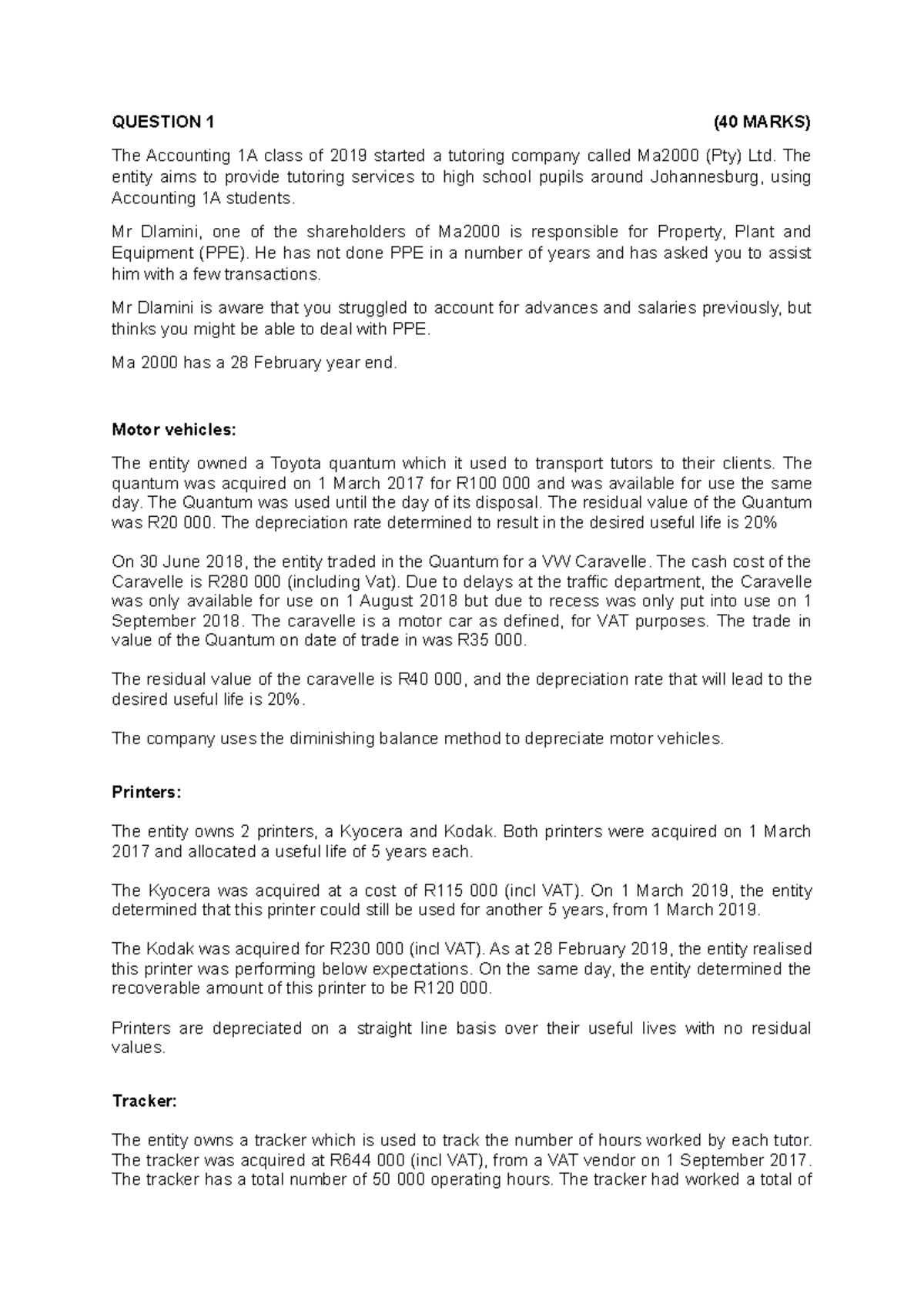 ASS2-PPE-2019 - ...... - QUESTION 1 (40 MARKS) The Accounting 1A class ...