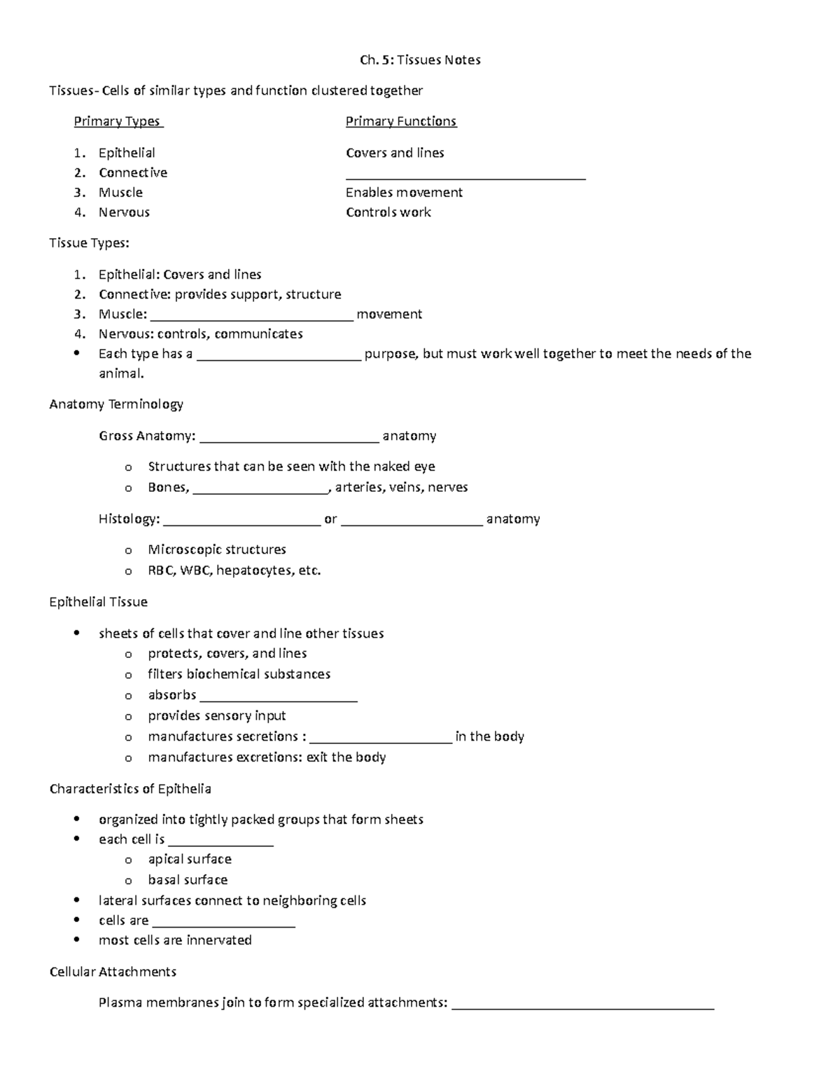 Ch5 Tissues Notes - Ch. 5: Tissues Notes Tissues- Cells of similar ...