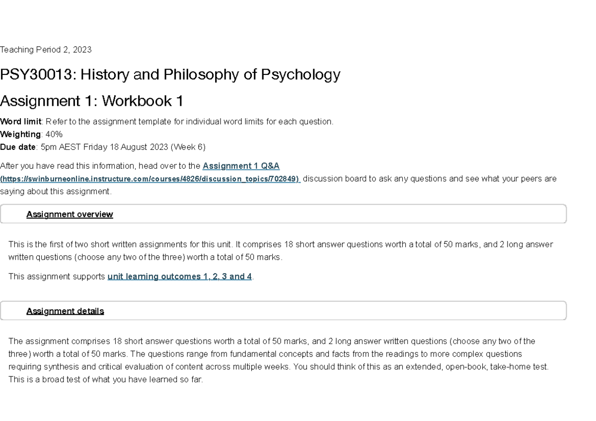 Assignment 1 Workbook 1 - Teaching Period 2, 2023 PSY30013: History and ...