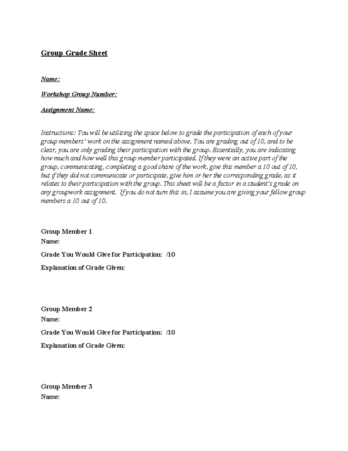 Group Grade Sheet (1) - Group Grade Sheet Name: Workshop Group Number ...