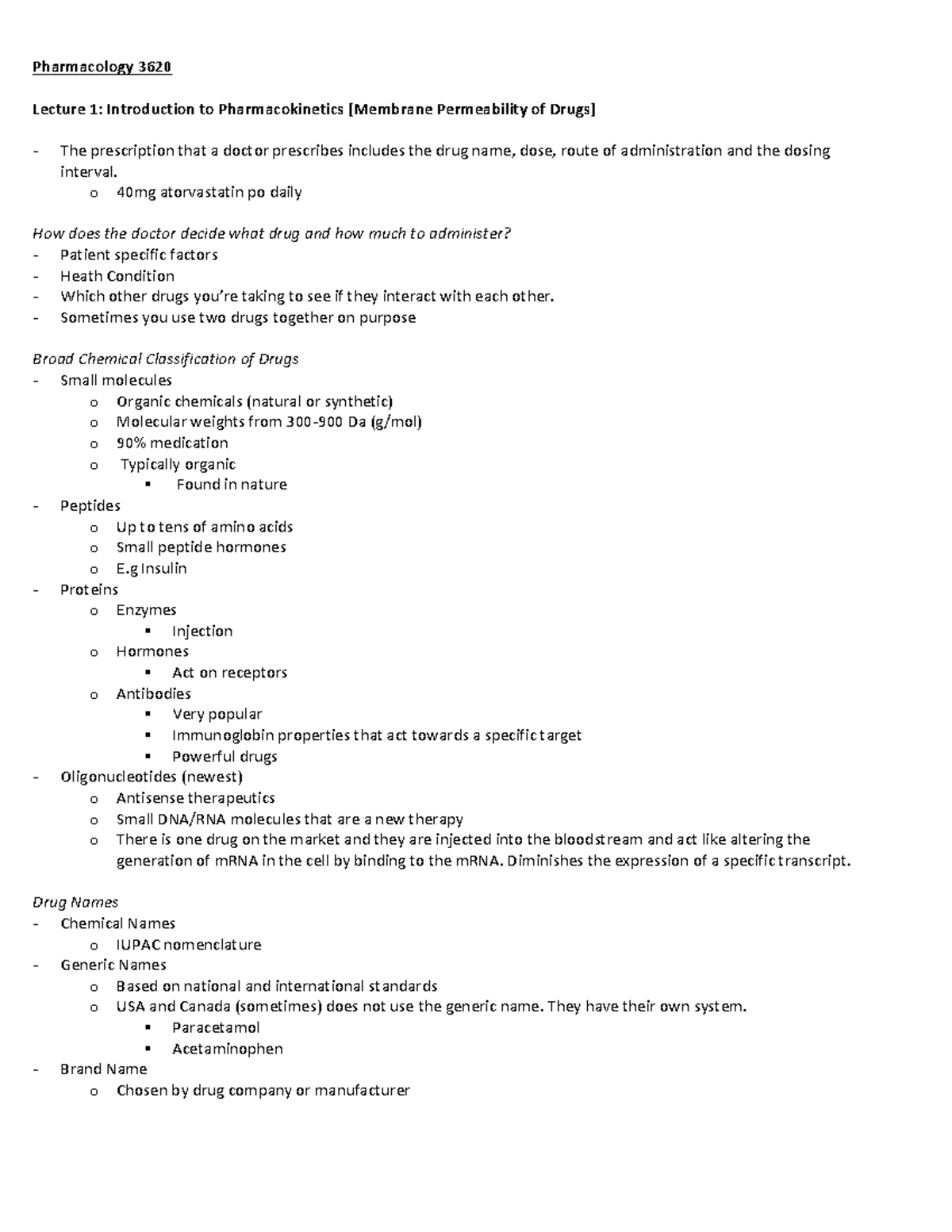 Pharmacology 3620 Notes - **Pharmacology 3620 ** **Lecture 1 ...