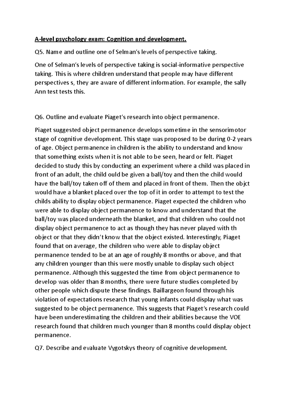 Cognition and development - Q5. Name and outline one of Selman’s levels ...