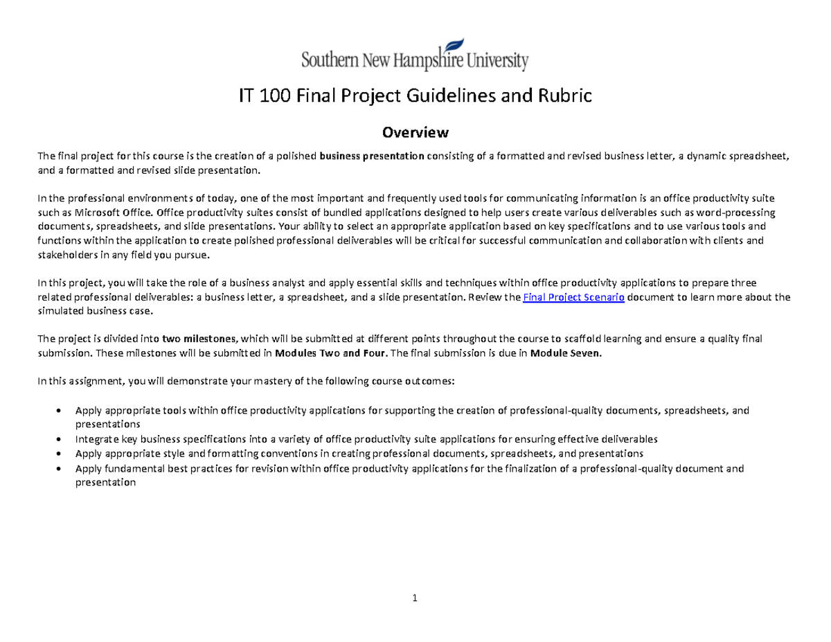 IT 100 Final Project Guidelines and Rubric Overview - Studocu