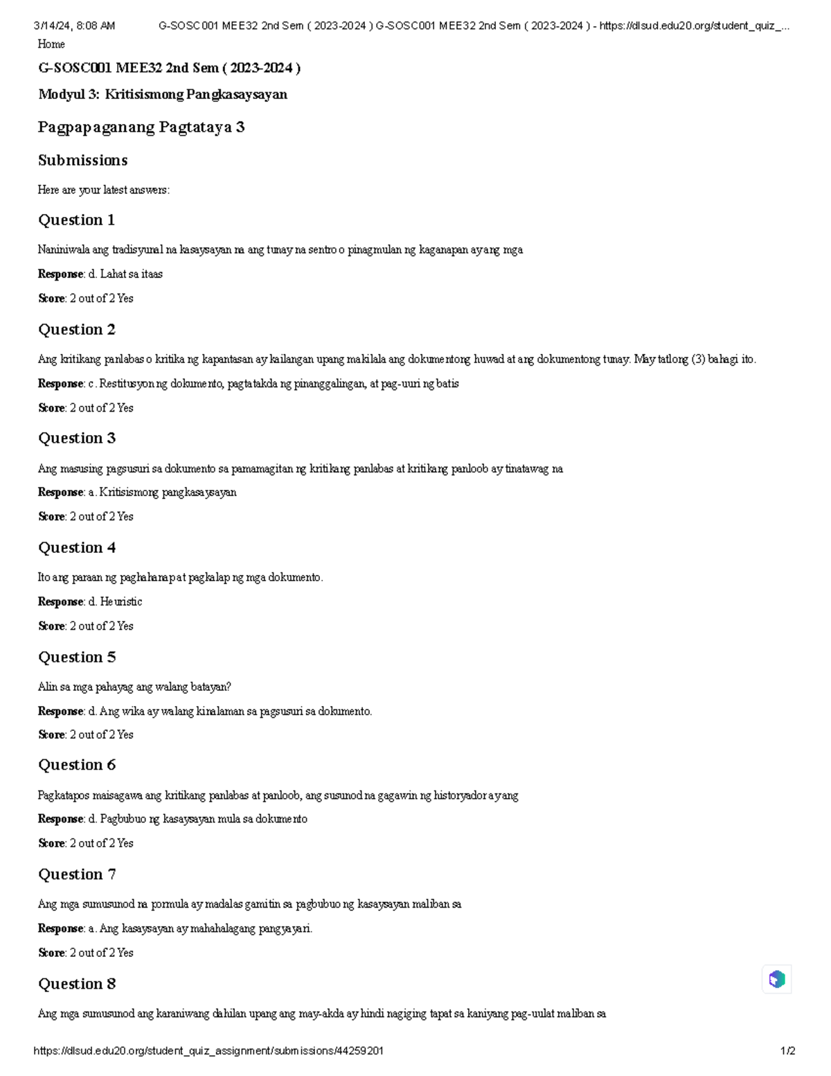 EA3- Kasaysayan - ... - 3/14/24, 8:08 AM G-SOSC001 MEE32 2nd Sem ( 2023 ...