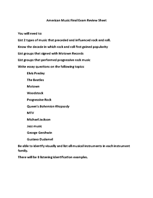 American Music Test 3 Review Sheet - Give examples of songs in which ...