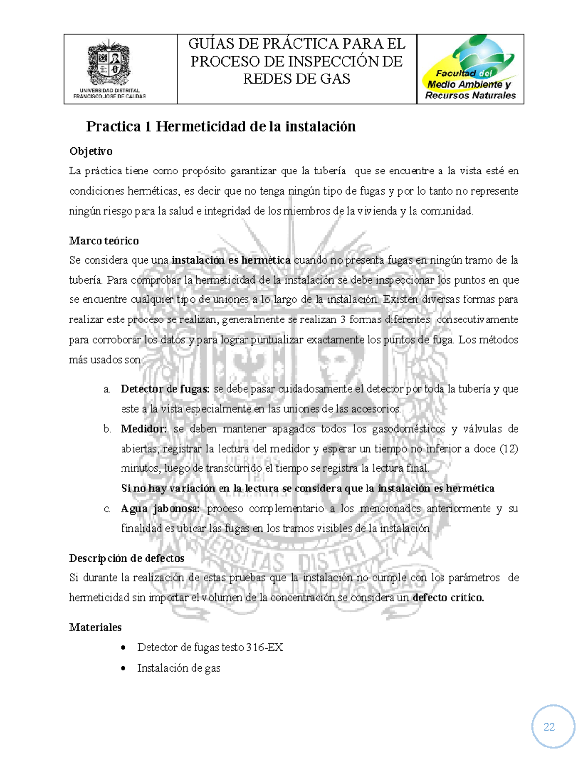 Practica 1 Hermeticidad - GUÕAS DE PR¡CTICA PARA EL PROCESO DE INSPECCI”N DE REDES DE GAS 22 ...