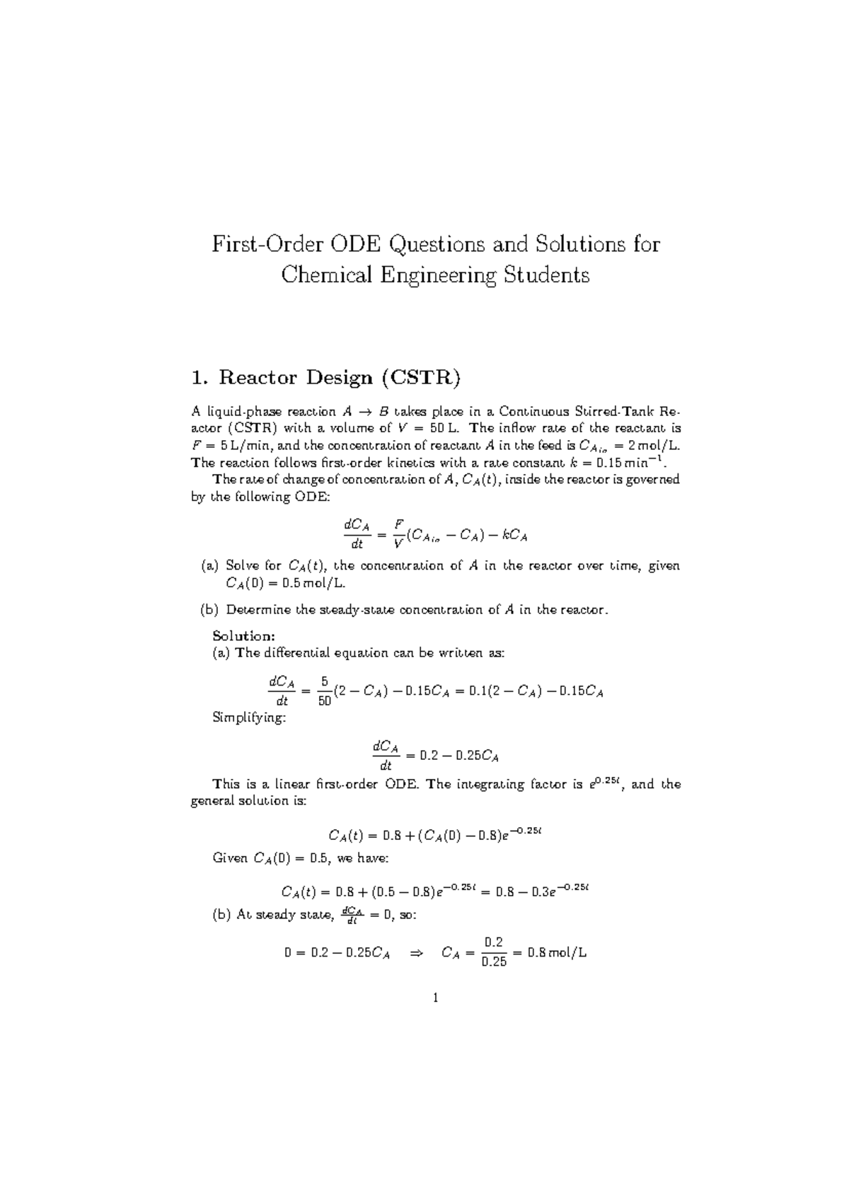 Application of ODE problrms - First-Order ODE Questions and Solutions for Chemical Engineering ...