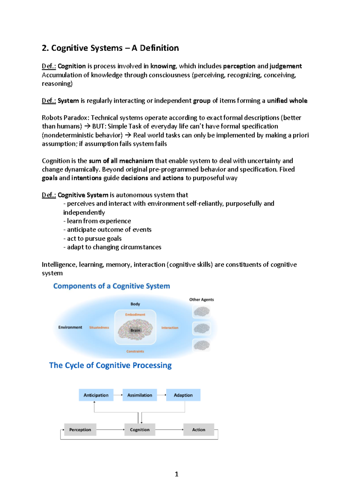 Cognitive systeme summary - 2. Cognitive Systems – A Definition Def ...