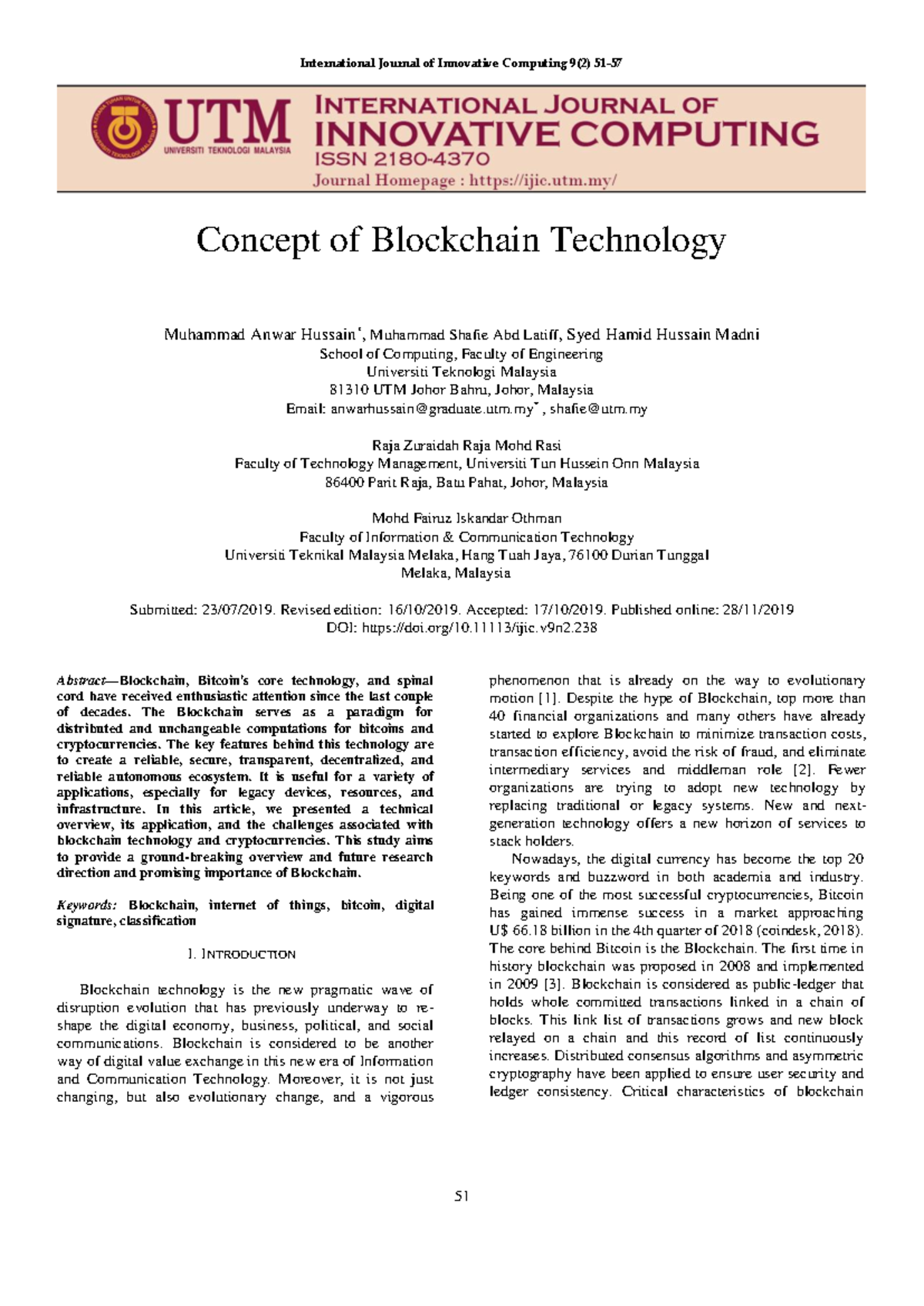 Concept of Blockchain Technology - International Journal of Innovative Computing 9(2) 51 ...