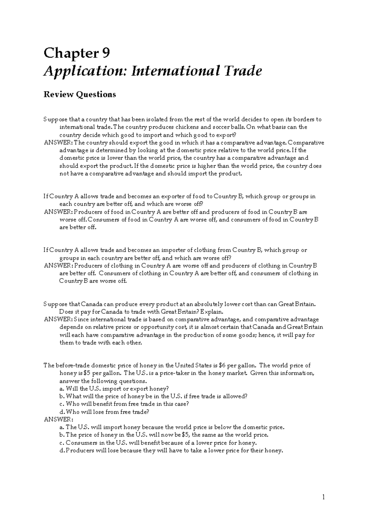 Chap09 qu - Notes - Chapter 9 Application: International Trade Review ...