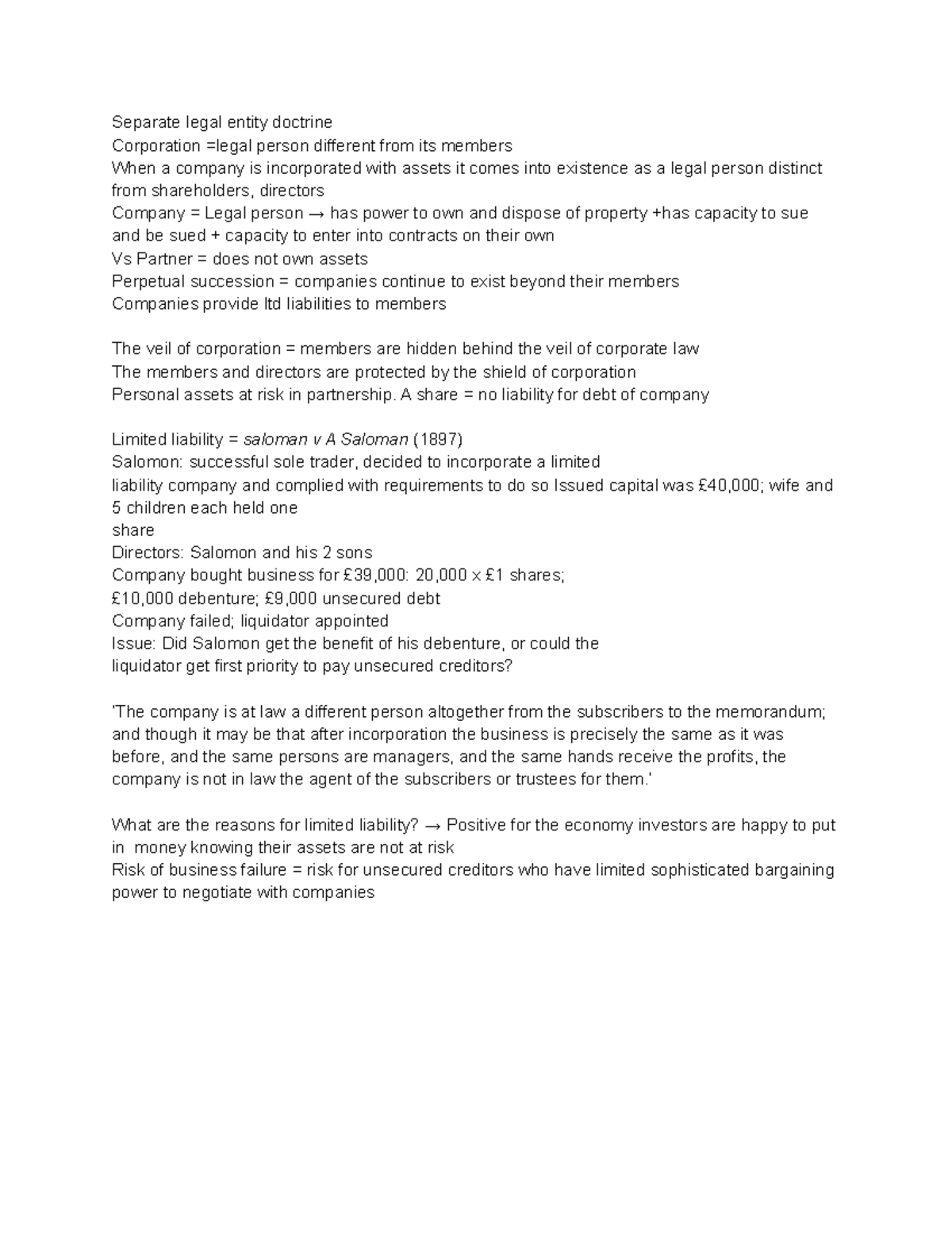 Lecture notes - Separate legal entity doctrine Corporation =legal ...