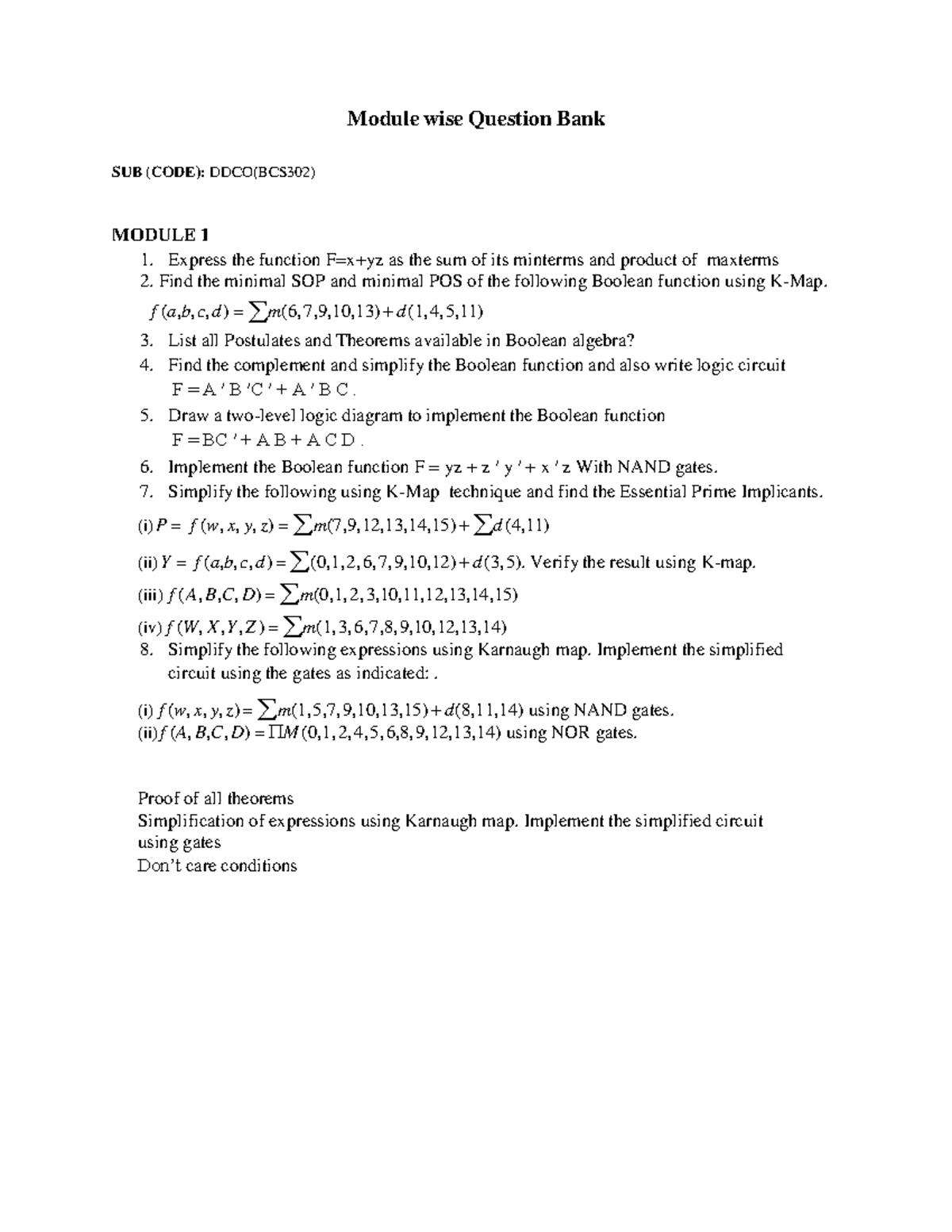 QB f INAL - DD & CO practice questions - Module wise Question Bank SUB (CODE): DDCO(BCS302 ...