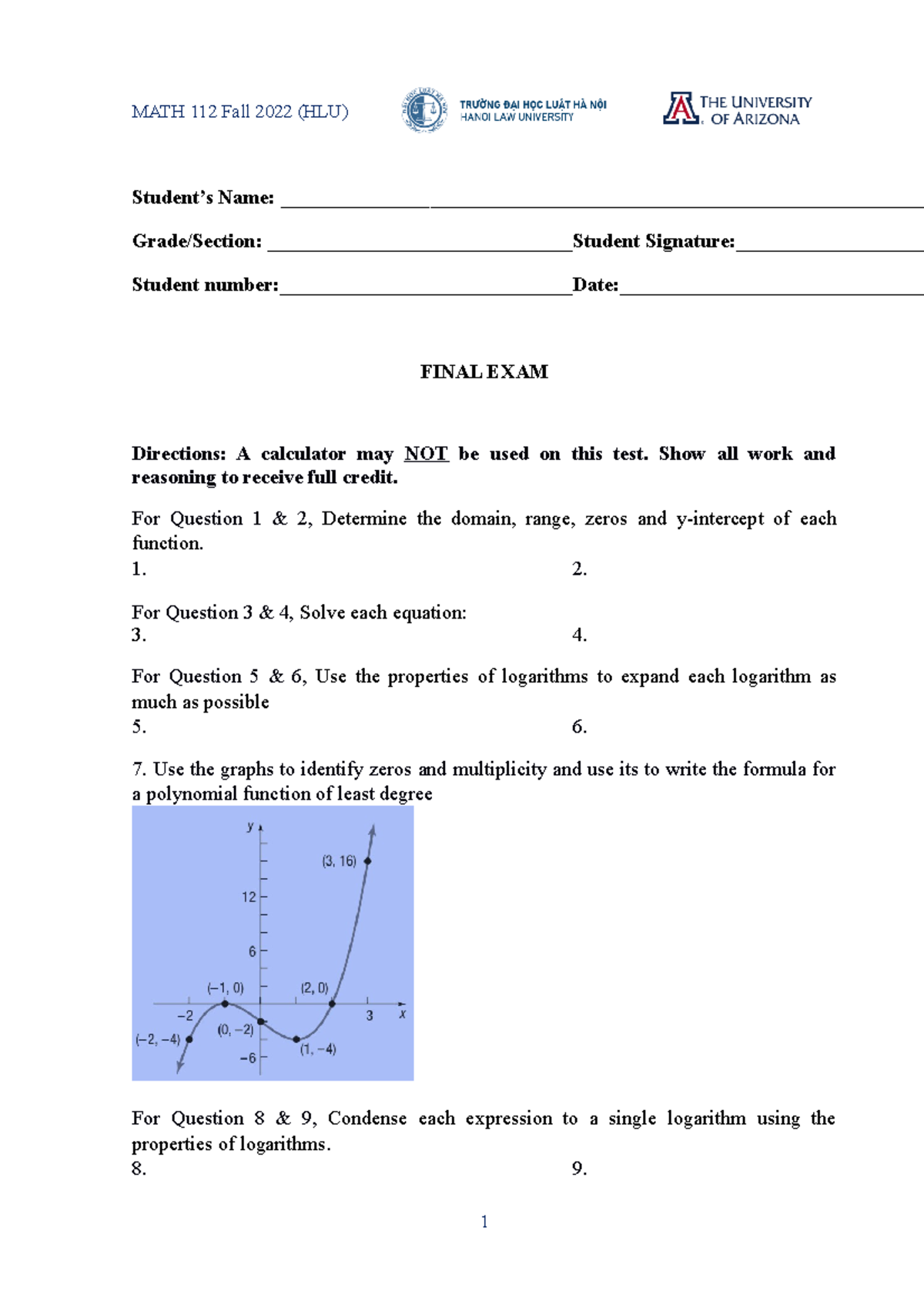 Final Exam FALL2022 - College Algebra - Student’s Name: - Studocu