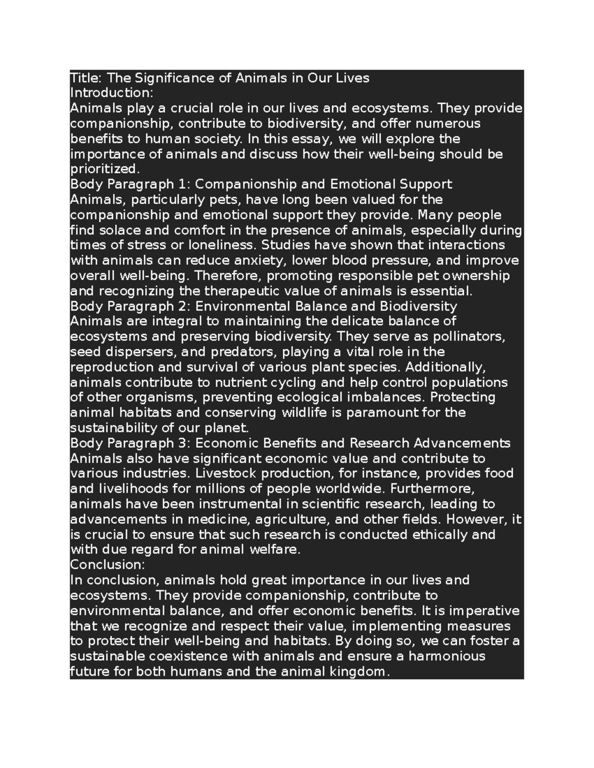 Title - ielts writing animals - Title: The Significance of Animals in ...