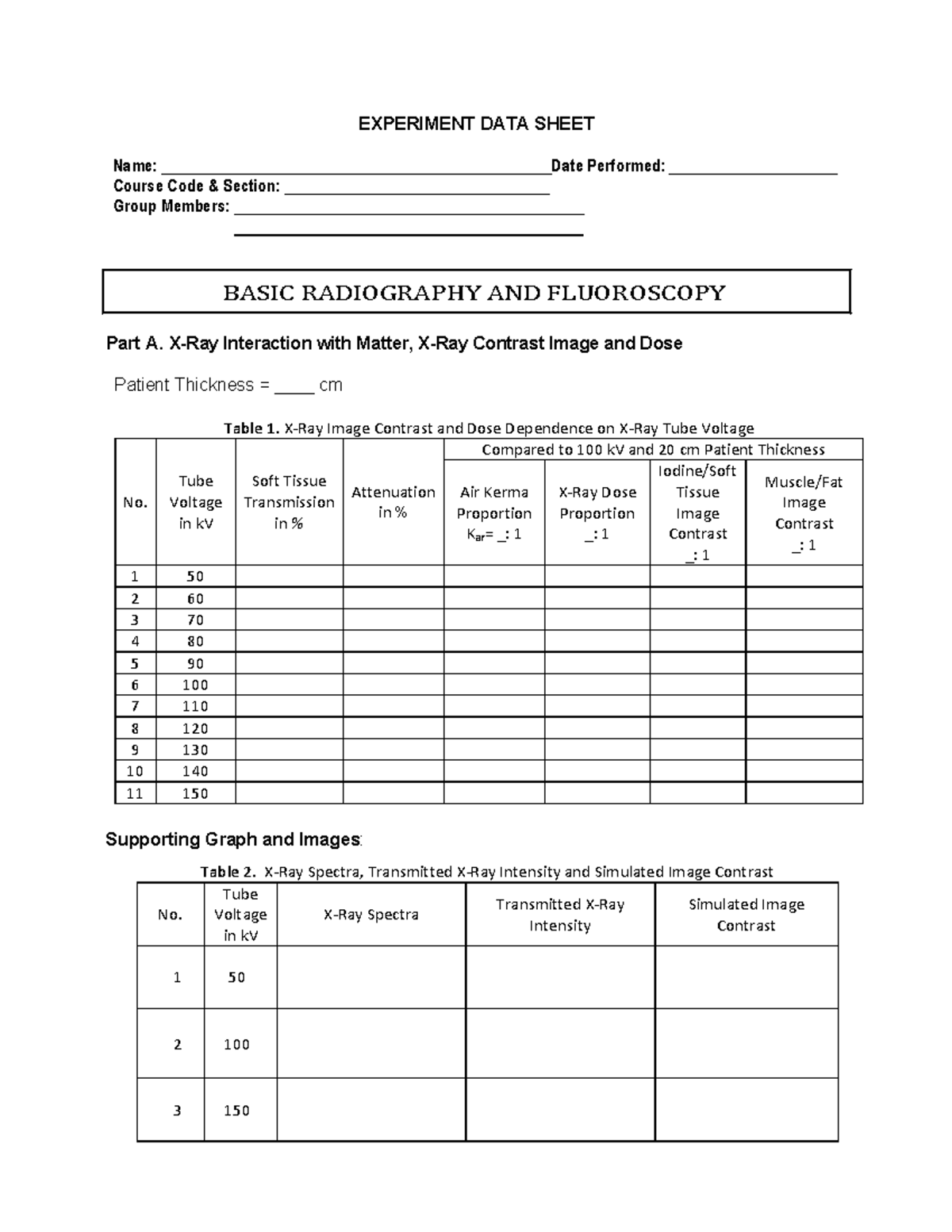 Laboratory Worksheet #1 Basic Radiography and Fluoroscopy - EXPERIMENT ...