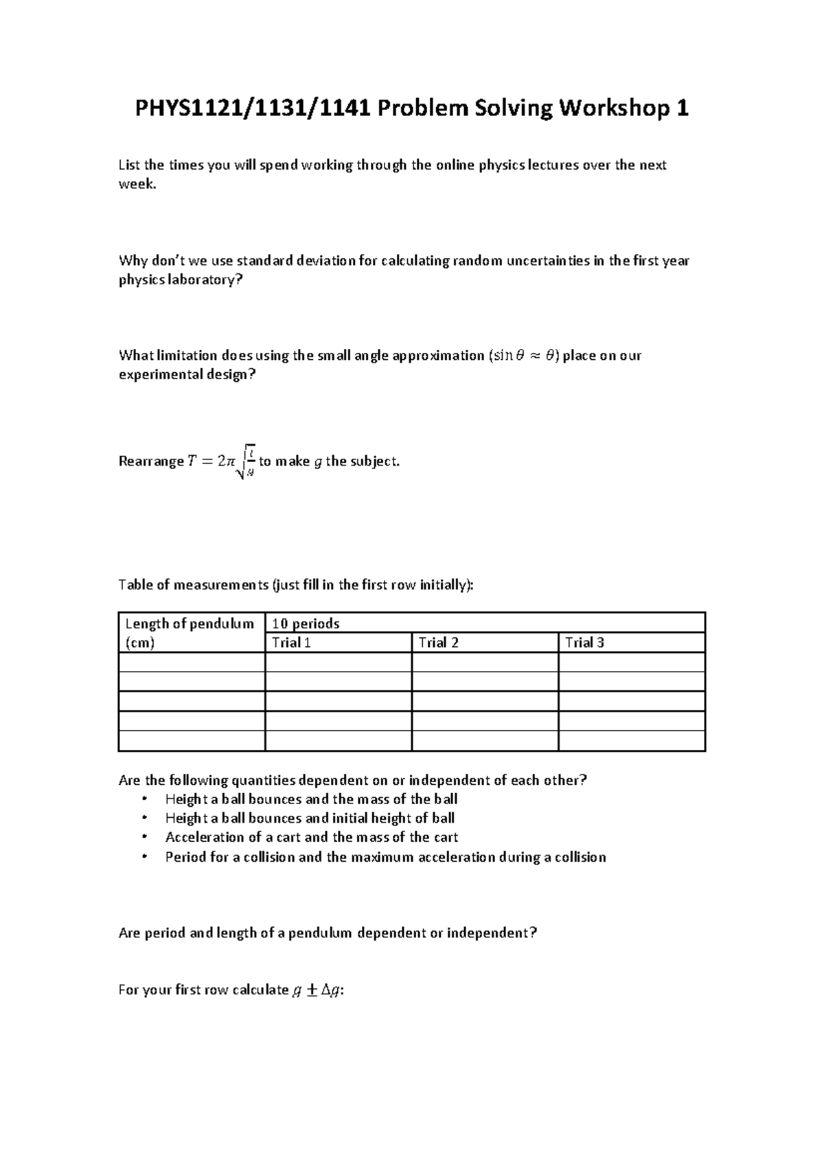PSW 1A week 1 - pendulum lab - PHYS1121/1131/1141 Problem Solving ...