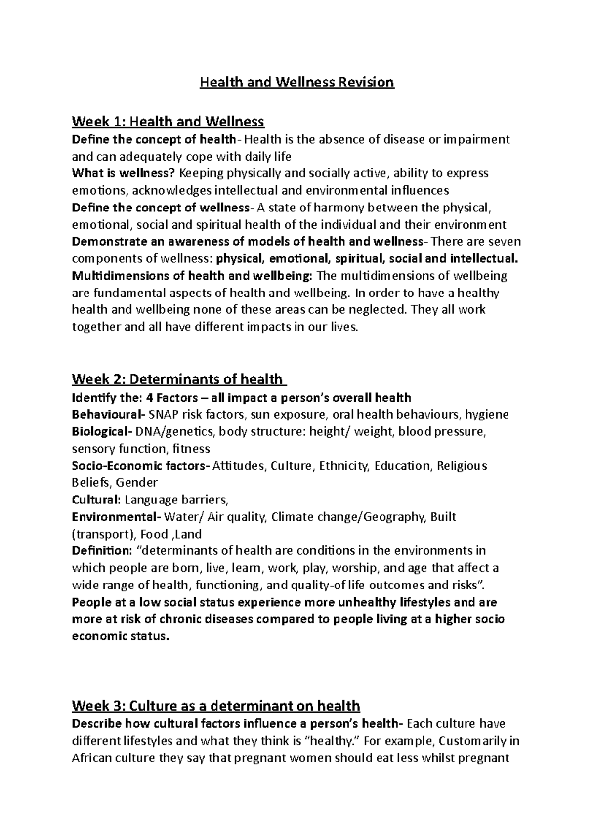 Health and Wellness Revision - Multidimensions of health and wellbeing ...