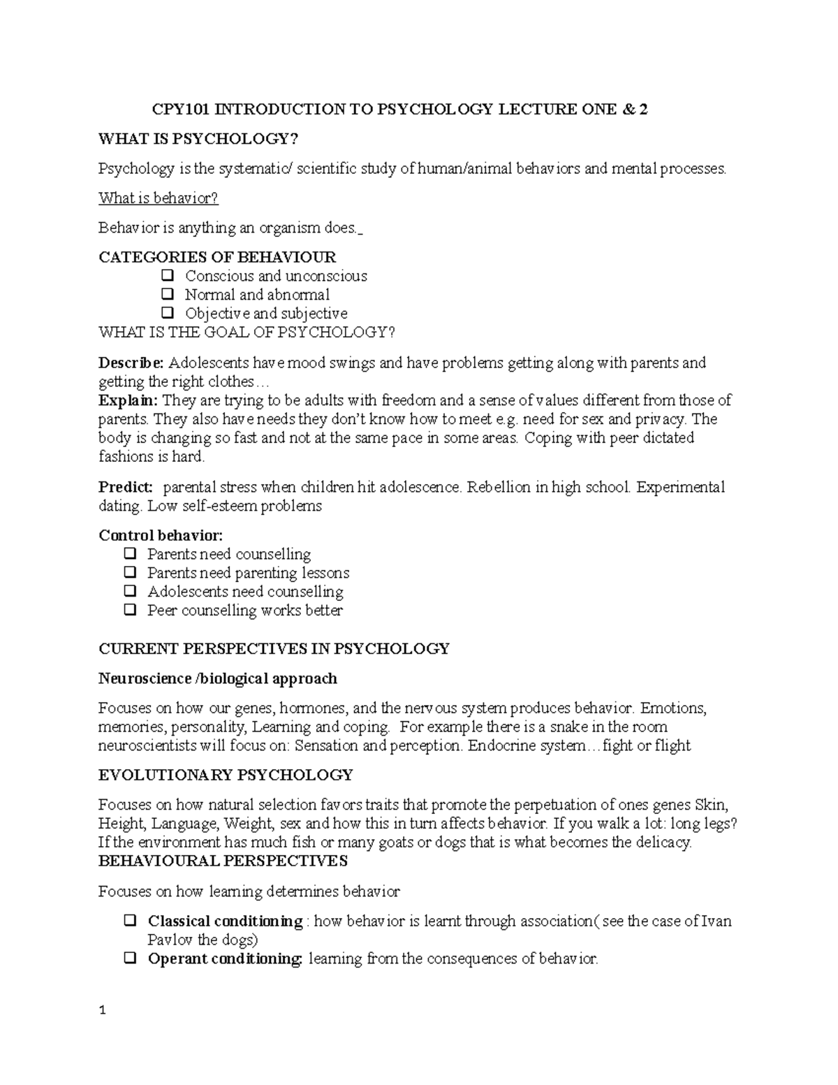 CPY101 Introduction TO Psychology Lecture ONE econ group - CPY101 INTRODUCTION TO PSYCHOLOGY ...