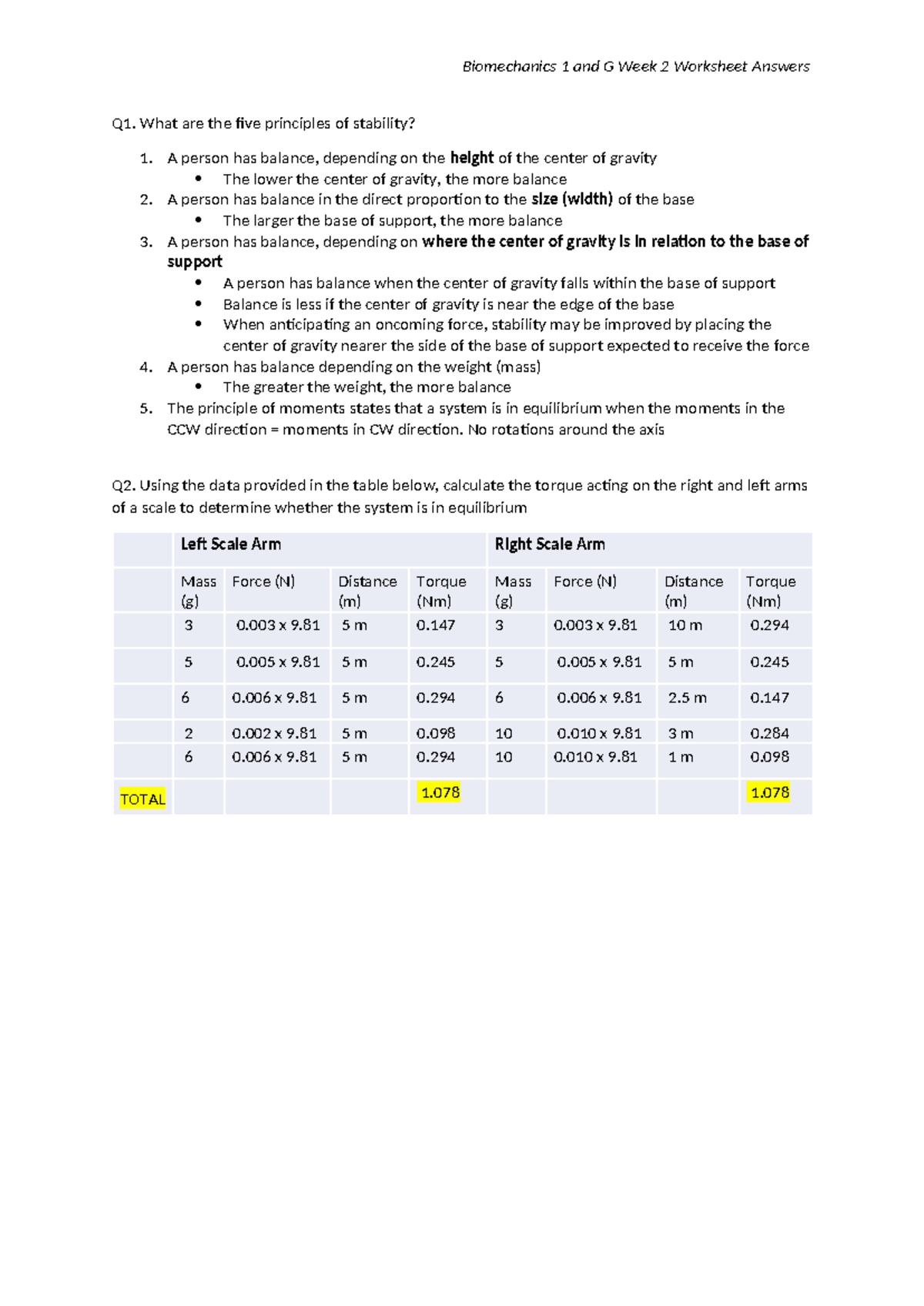 Student Worksheet Week 2 Answers Stability-1 - Biomechanics 1 and G ...