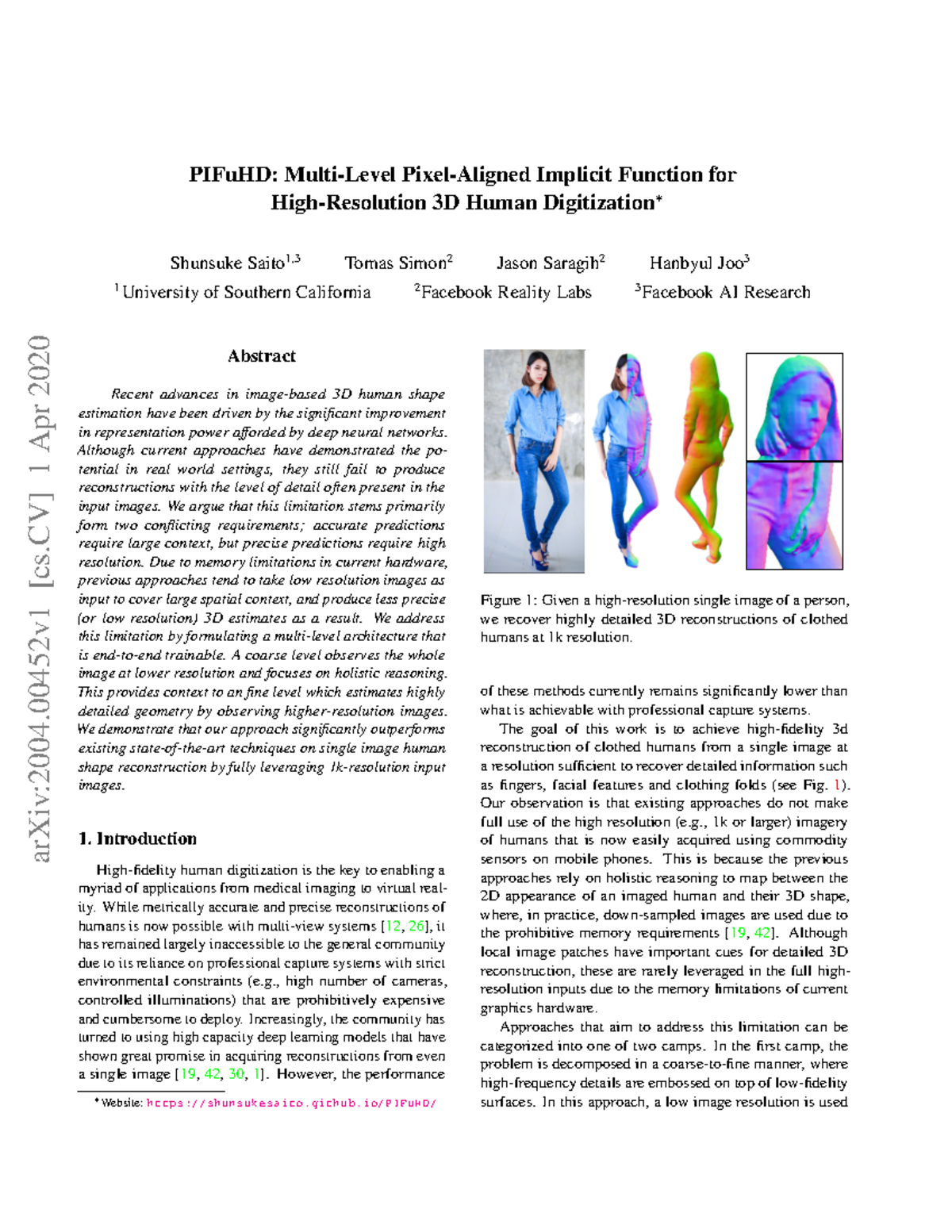 2004 - 2004.00452v1.pdf - PIFuHD: Multi-Level Pixel-Aligned Implicit Function for High ...