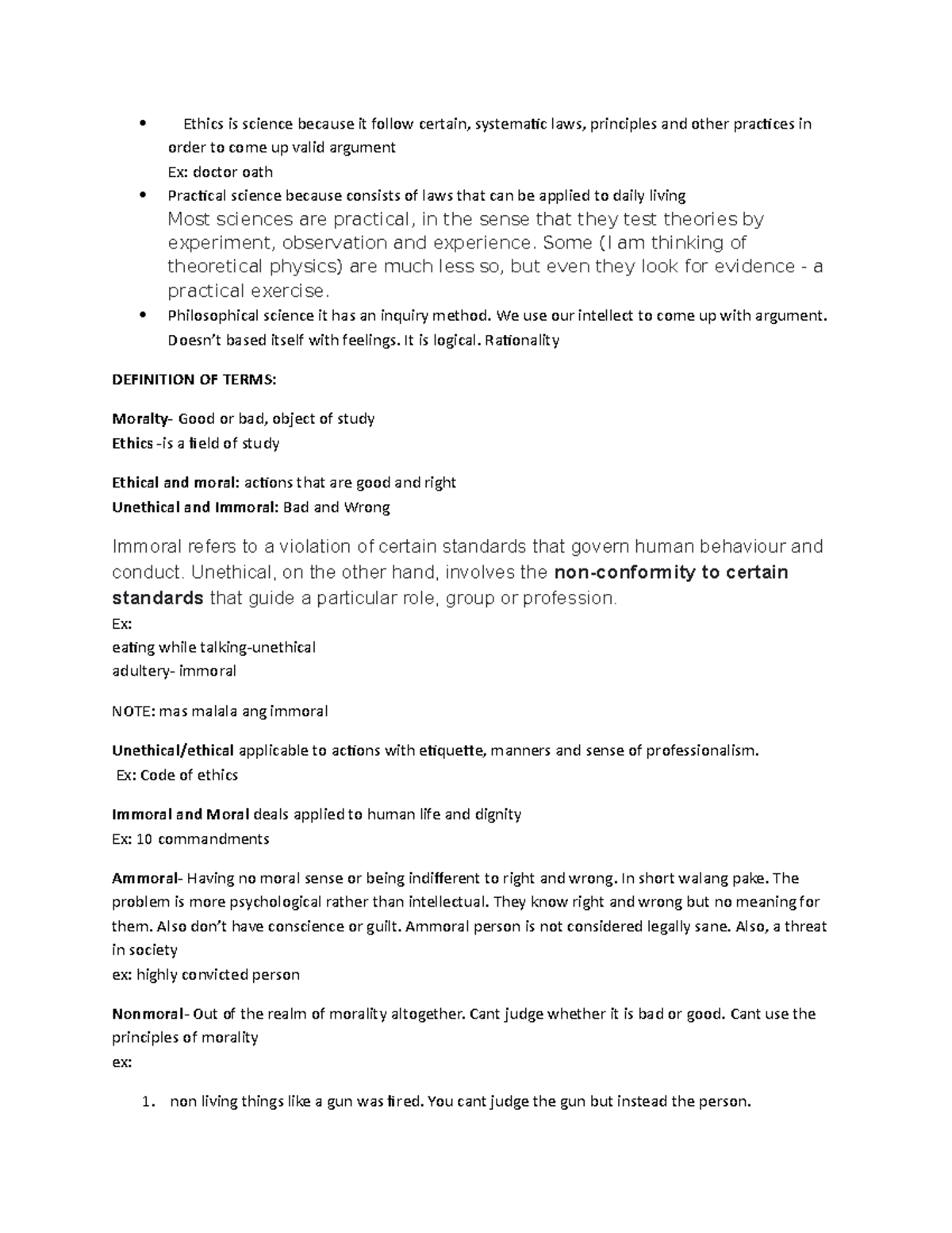 Ethics Lecture Notes - Ethics is science because it follow certain ...