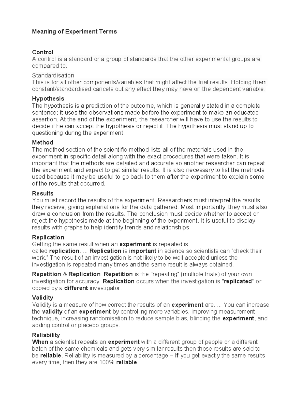 Meaning of Experiment Terms - Meaning of Experiment Terms Control A ...