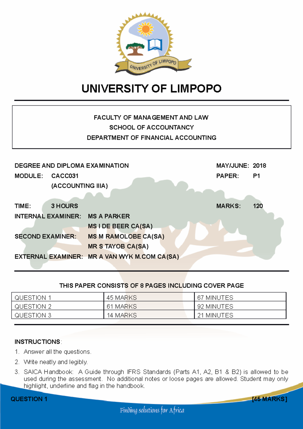 06. Exam QP 2018 - Extra material for practice - UNIVERSITY OF LIMPOPO ...