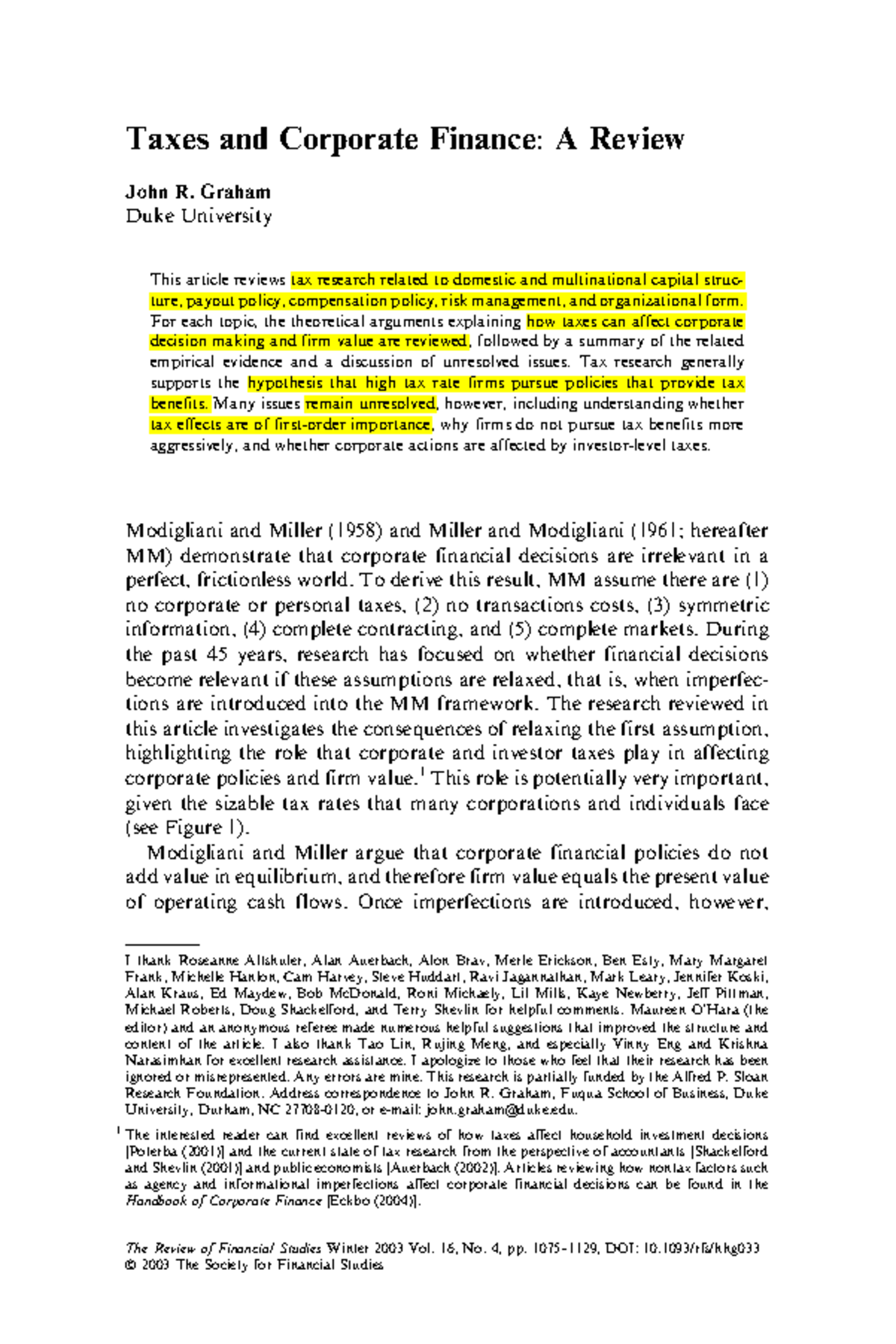 Graham 2003 - tài liệu - Taxes and Corporate Finance: A Review John R ...