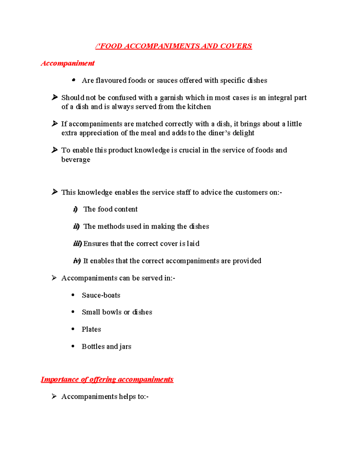 FOOD Accompaniments AND Covers - /'FOOD ACCOMPANIMENTS AND COVERS ...