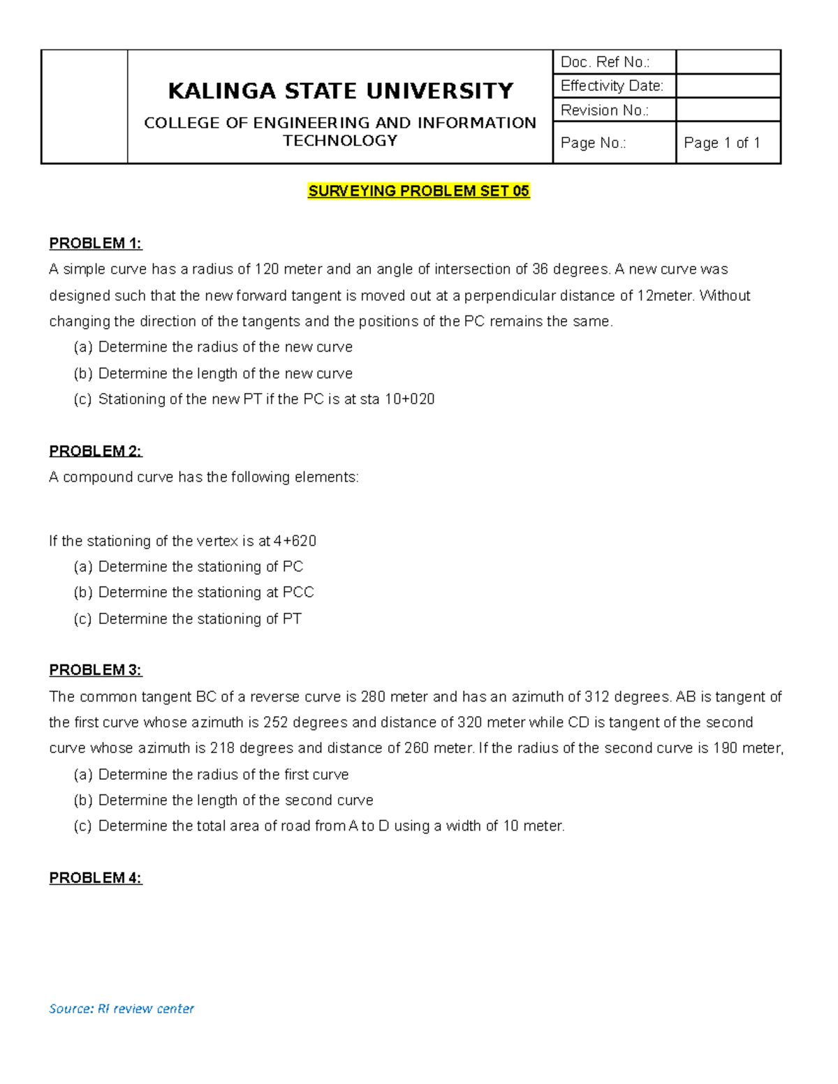 Surveying Problem Set 05 - KALINGA STATE UNIVERSITY COLLEGE OF ...