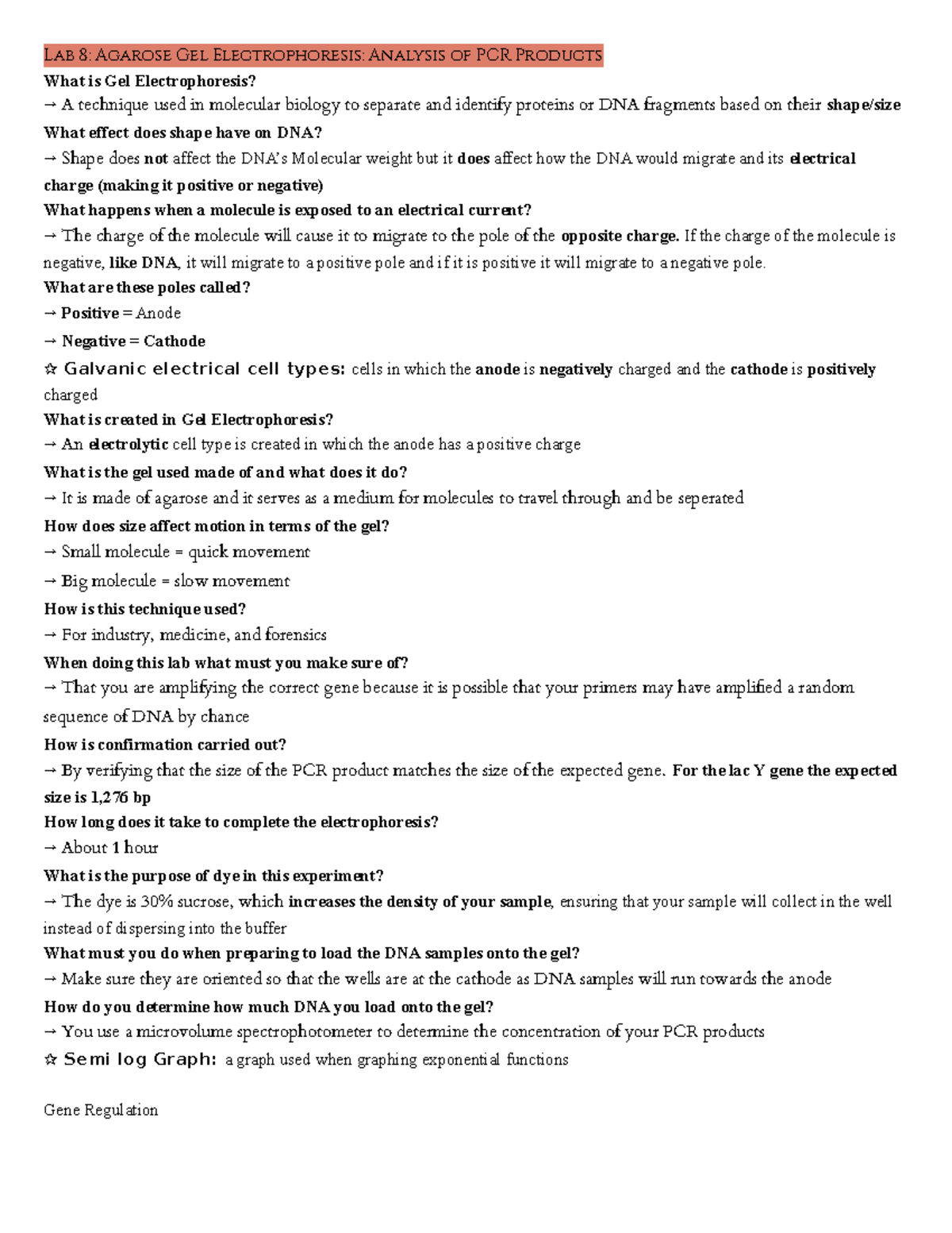 Biology Lab Quiz Study Guide - Lab 8: Agarose Gel Electrophoresis ...