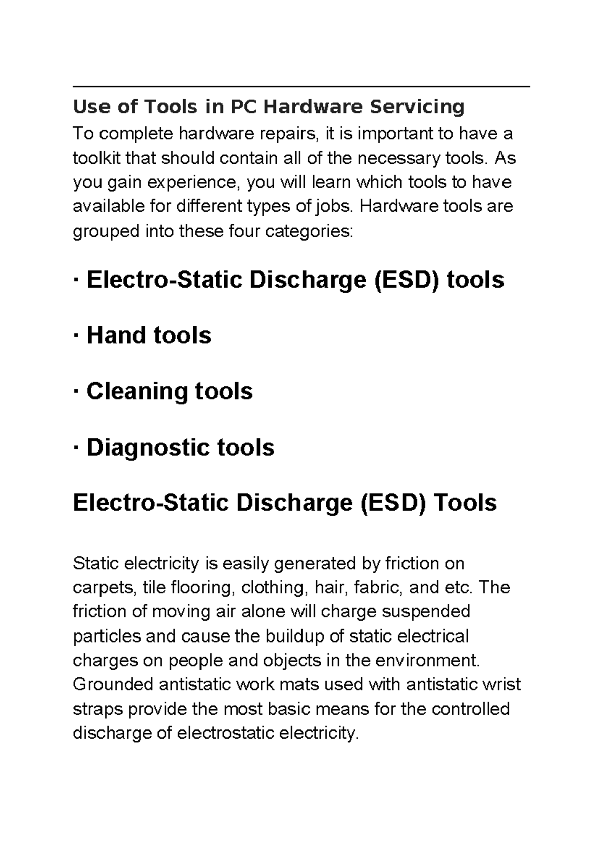 PC hardware tools - Use of Tools in PC Hardware Servicing To complete ...