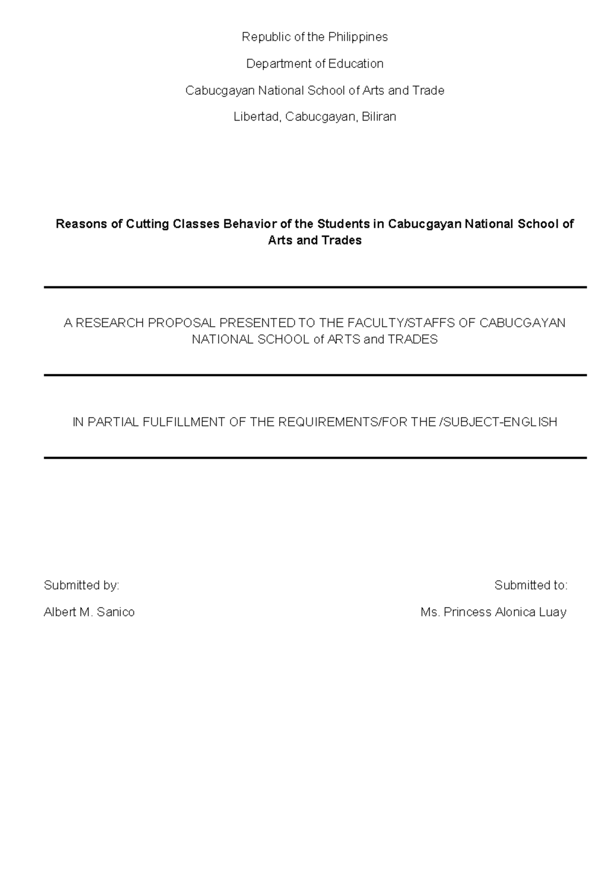 Cutting classes - Sanico Ms. Princess Alonica Luay TABLE OF CONTENTS ...