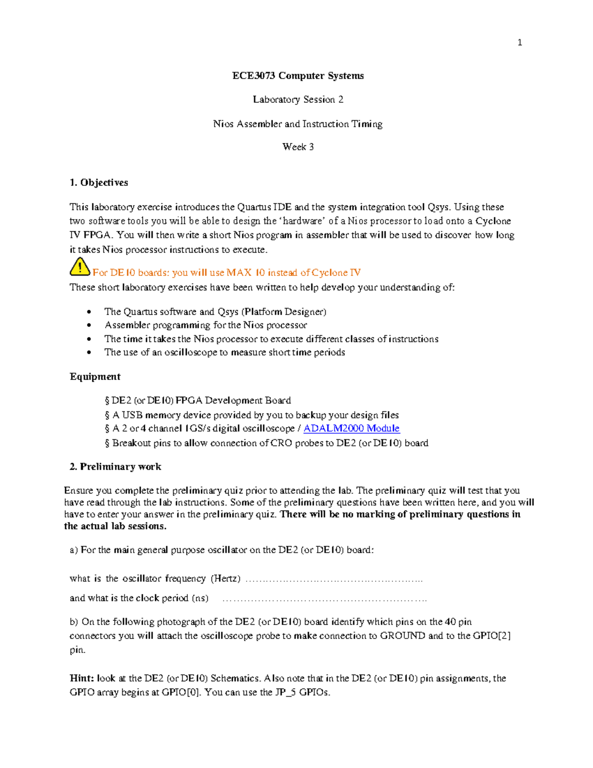 ECE3073 Lab 2 - Lab 2 content - ECE3073 Computer Systems Laboratory Session 2 Nios Assembler and ...