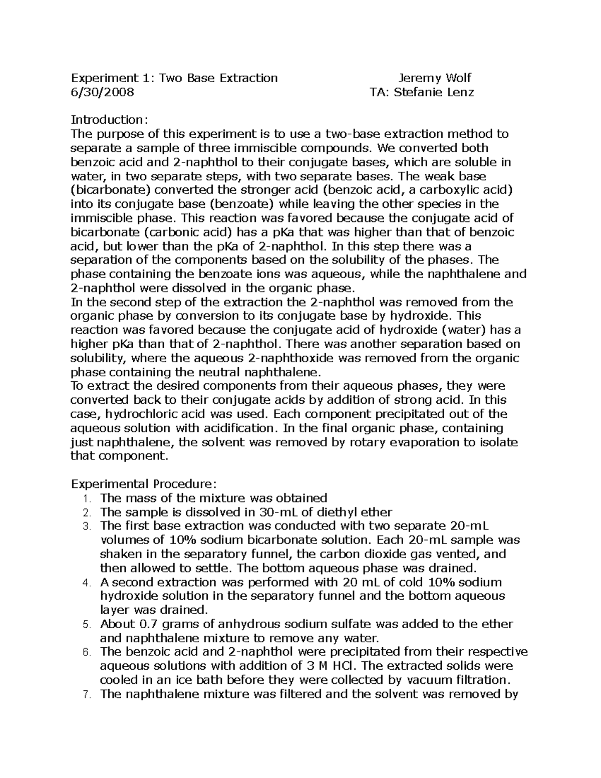 Lab Report #1 Two Base Extraction - Experiment 1: Two Base Extraction ...