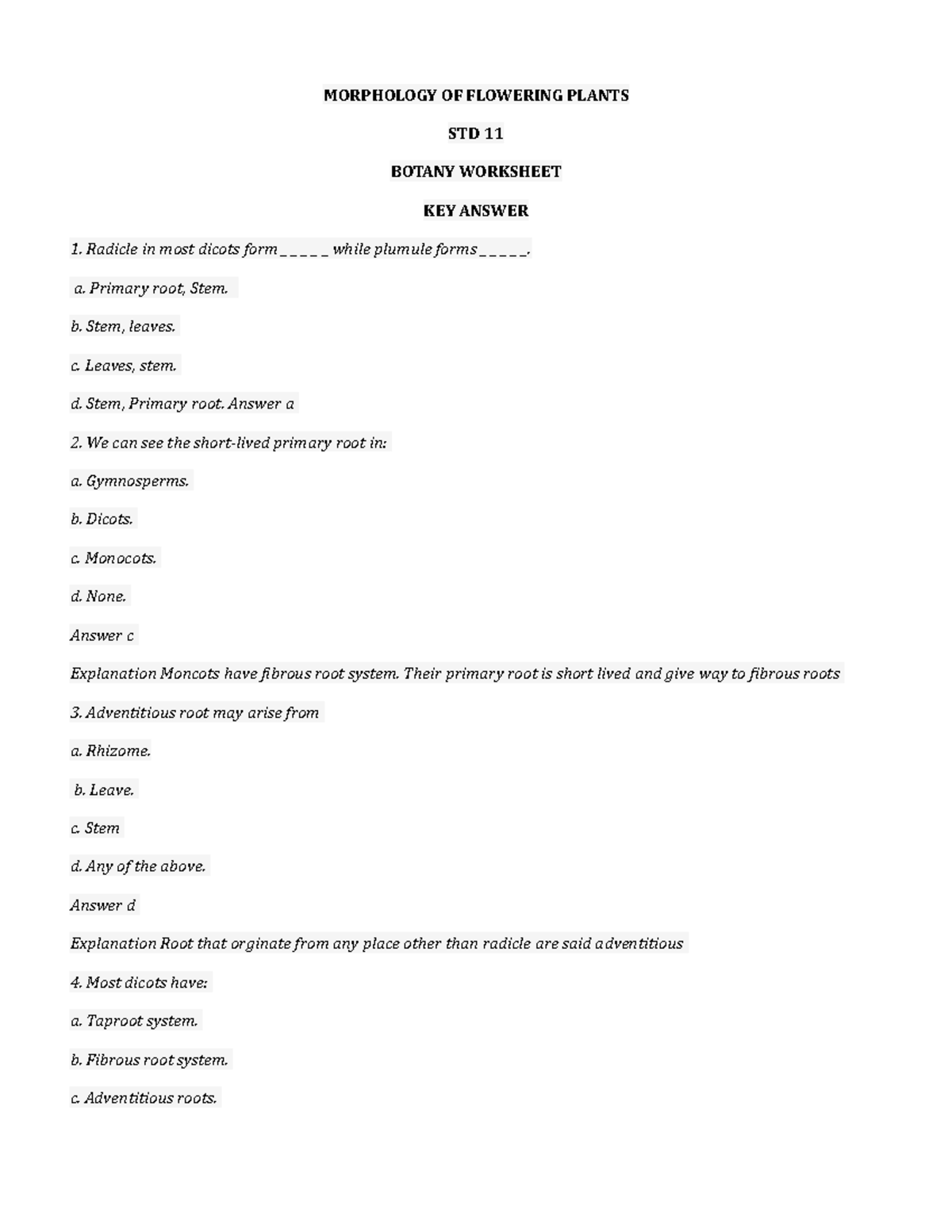 Morphology OF Flowering Plants Worksheet - MORPHOLOGY OF FLOWERING ...