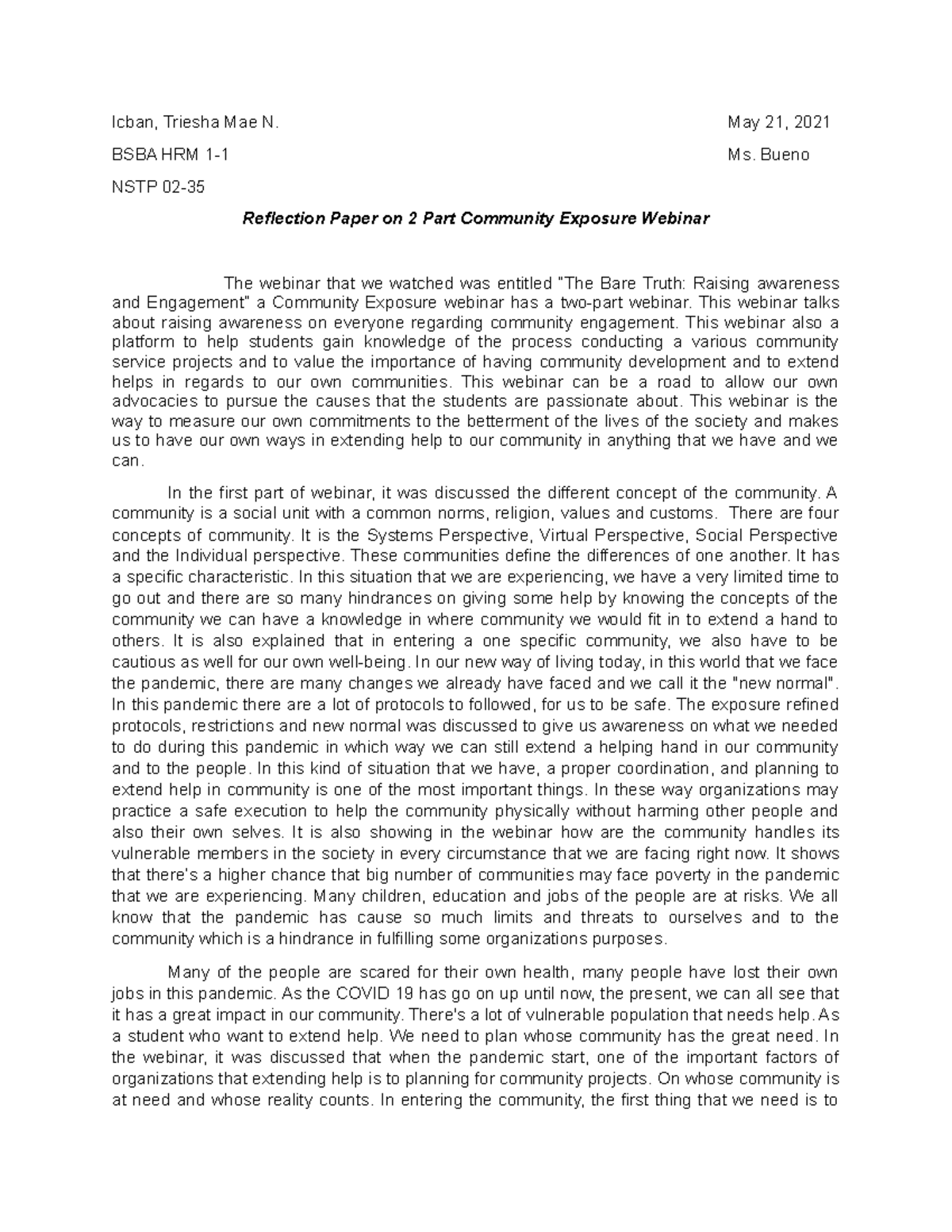 Icban Reflection Paper on Community Exposure, Immersion and Service ...