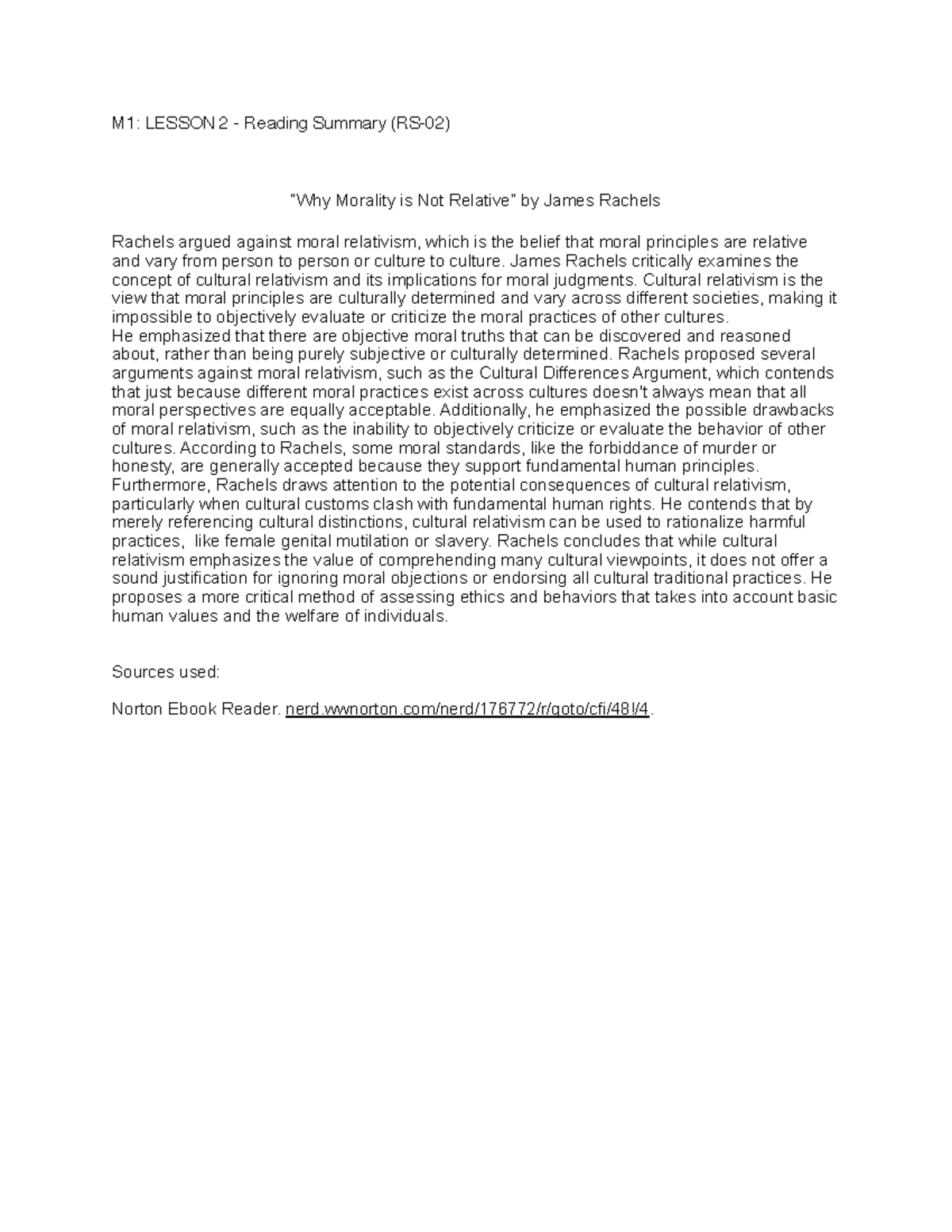 Relativism pdf - M1: LESSON 2 - Reading Summary (RS-02) “Why Morality ...