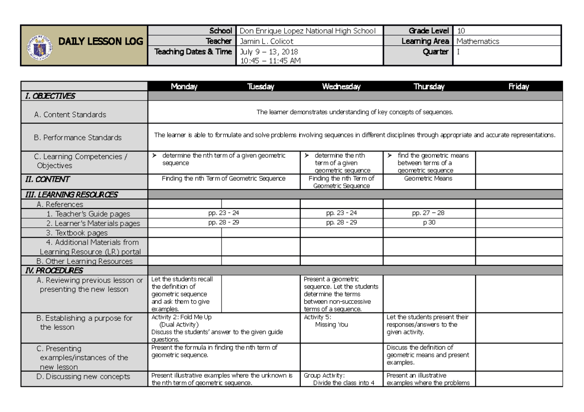 Sample Grade 10 DLL Q1W5 - DAILY LESSON LOG School Don Enrique Lopez ...