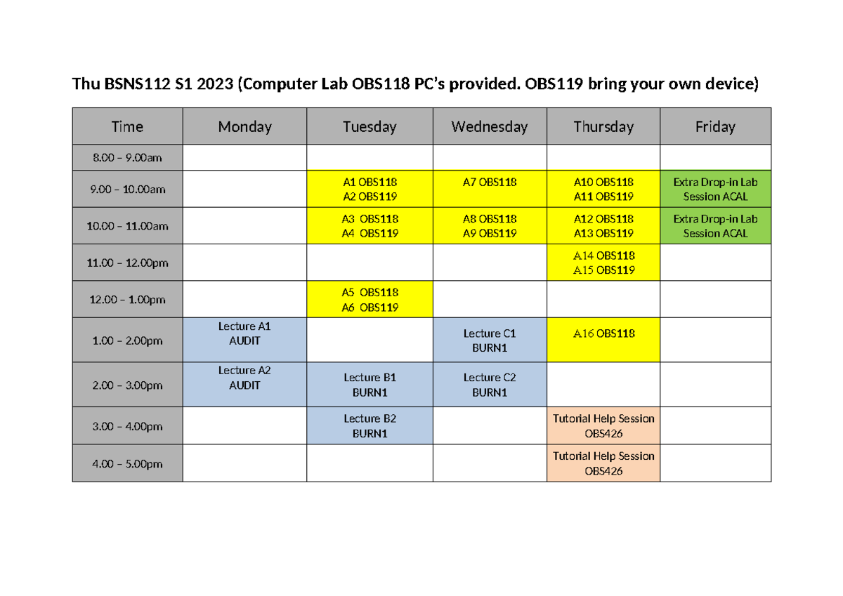 BSNS112 Lab timetable S1 2023 - Thu BSNS112 S1 2023 (Computer Lab ...
