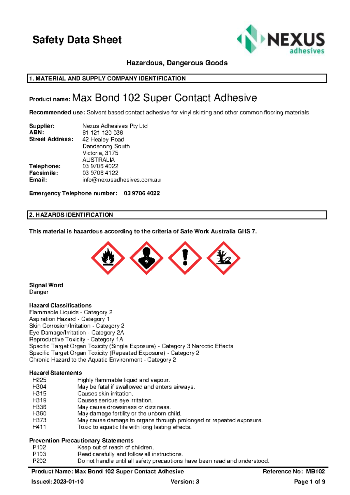 Max Bond 102 Super Contact Adhesive-AUS SDS-2023 - Product Name: Max ...
