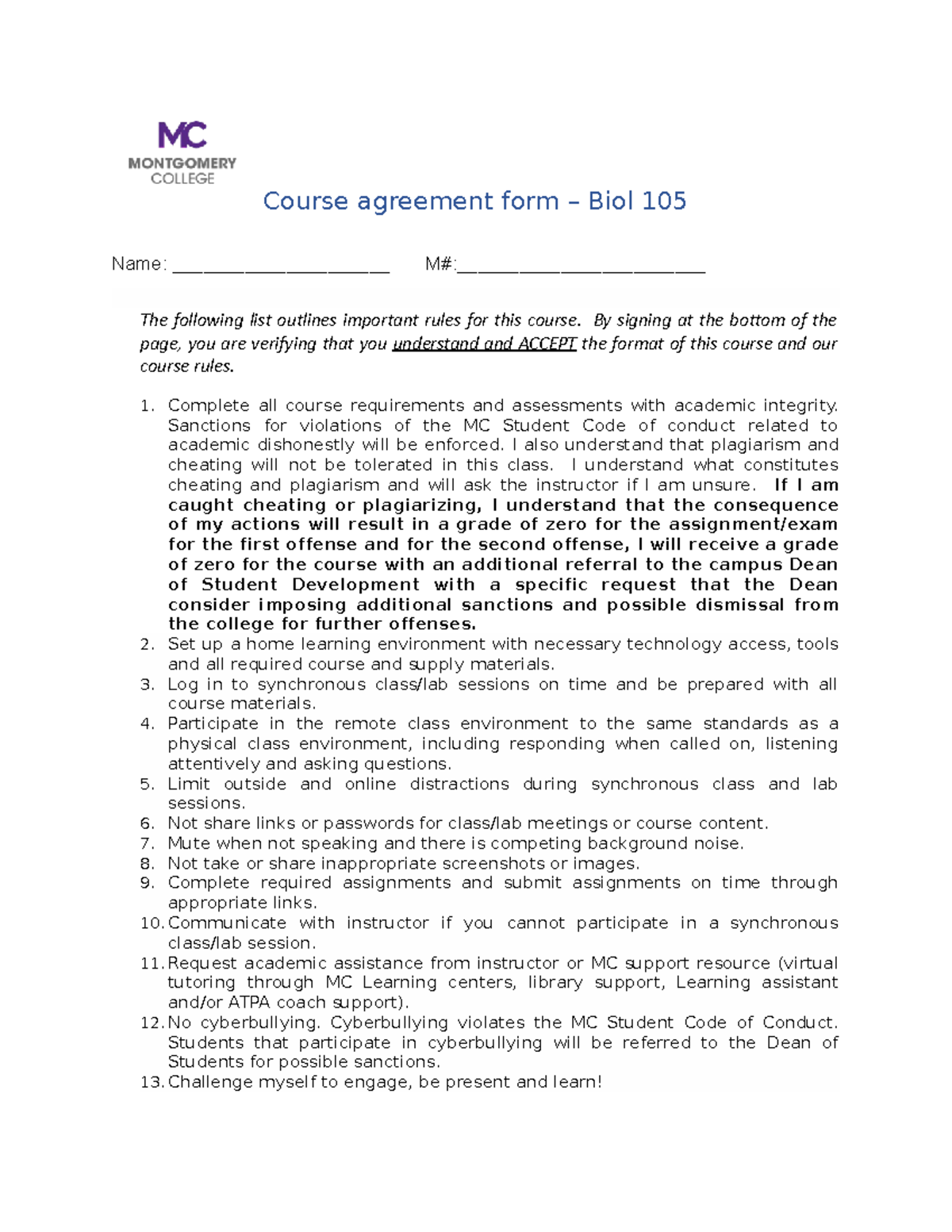 Lastname First Name Course Agreement Form Biol 105 - Course agreement ...