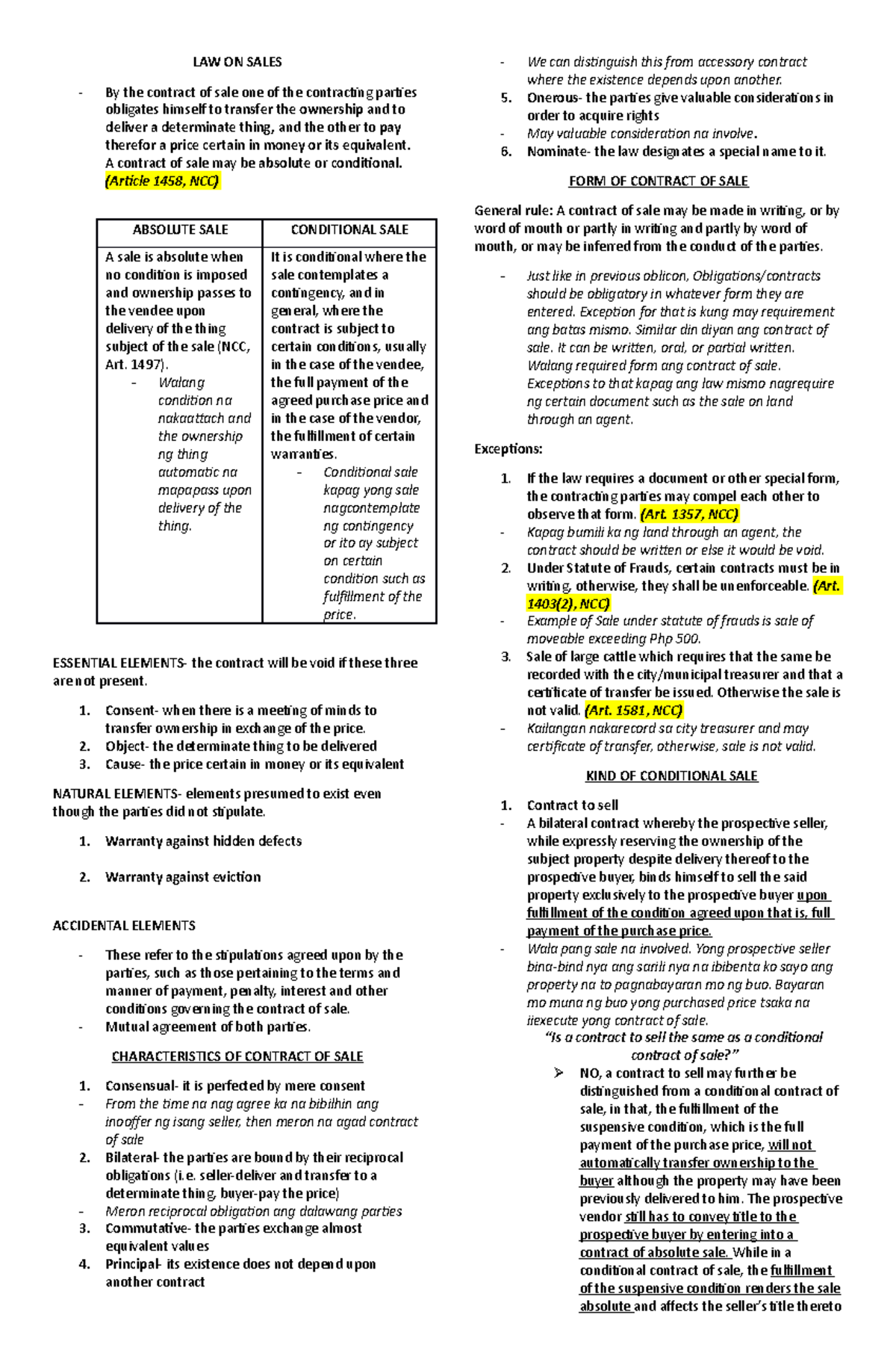 ACCL102 nature and forms of contract - LAW ON SALES By the contract of ...
