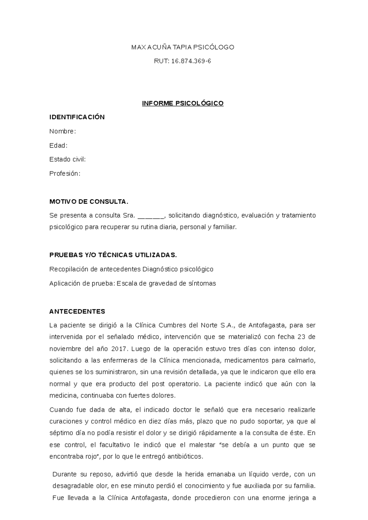 Modelo DE Informe Psicologico - MAX ACUÑA TAPIA PSICÓLOGO RUT: 16.874 ...