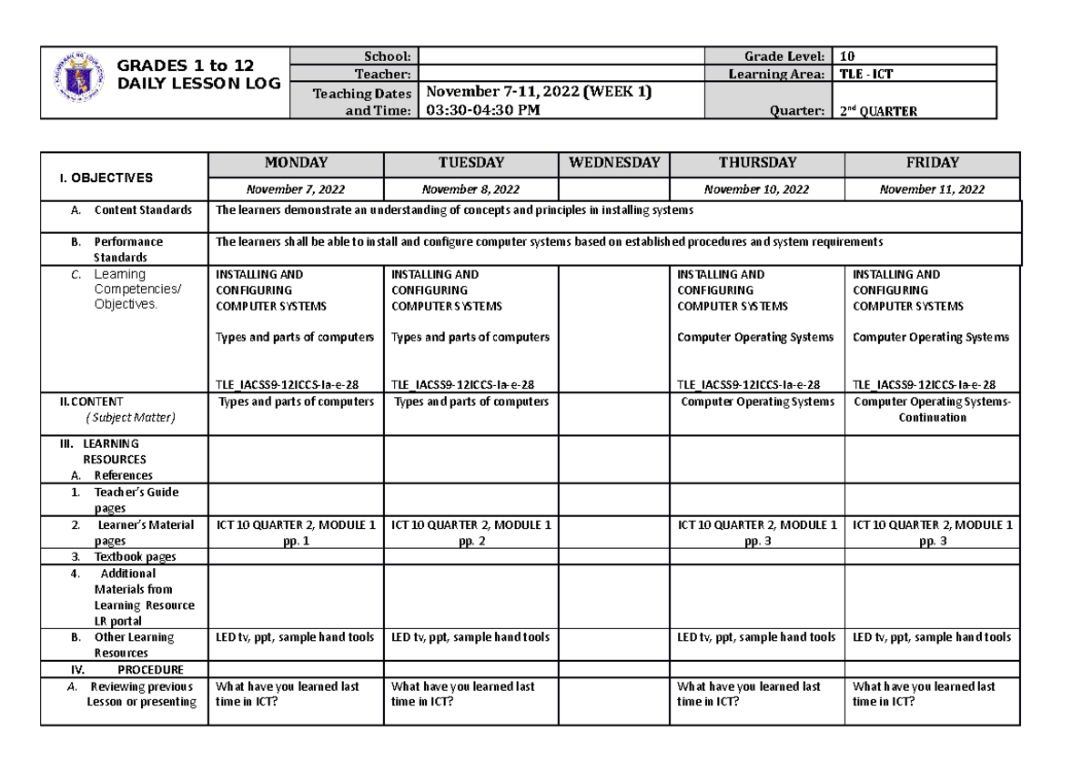 DLL TLE 10 Q2 W1 - Module 2 ICT - GRADES 1 to 12 DAILY LESSON LOG School: Grade Level: 10 ...