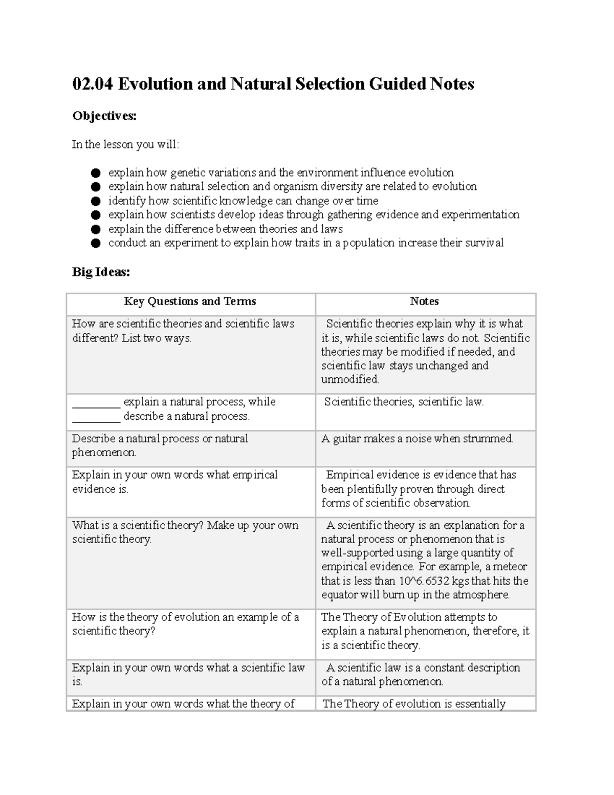 02 04 notes - 02 Evolution and Natural Selection Guided Notes ...