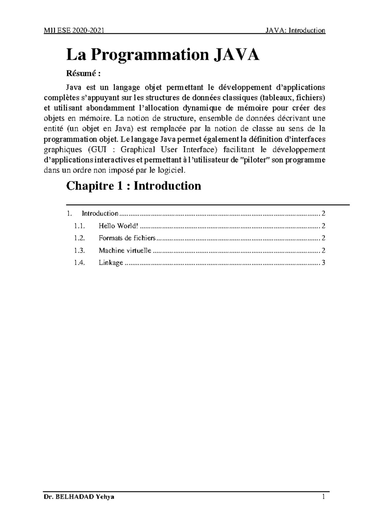 Chapitre 1 (1 semaine) - mup - MII ESE 2020-2021 JAVA: Introduction Dr ...
