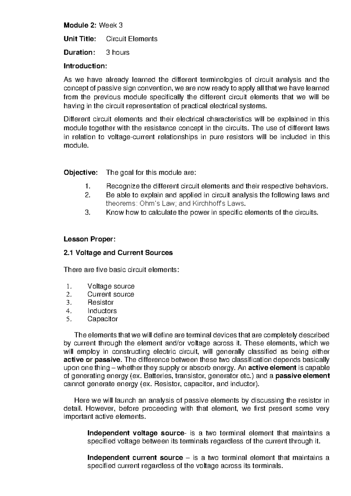 Module 2 Circuit Elements - Module 2: Week 3 Unit Title: Circuit ...